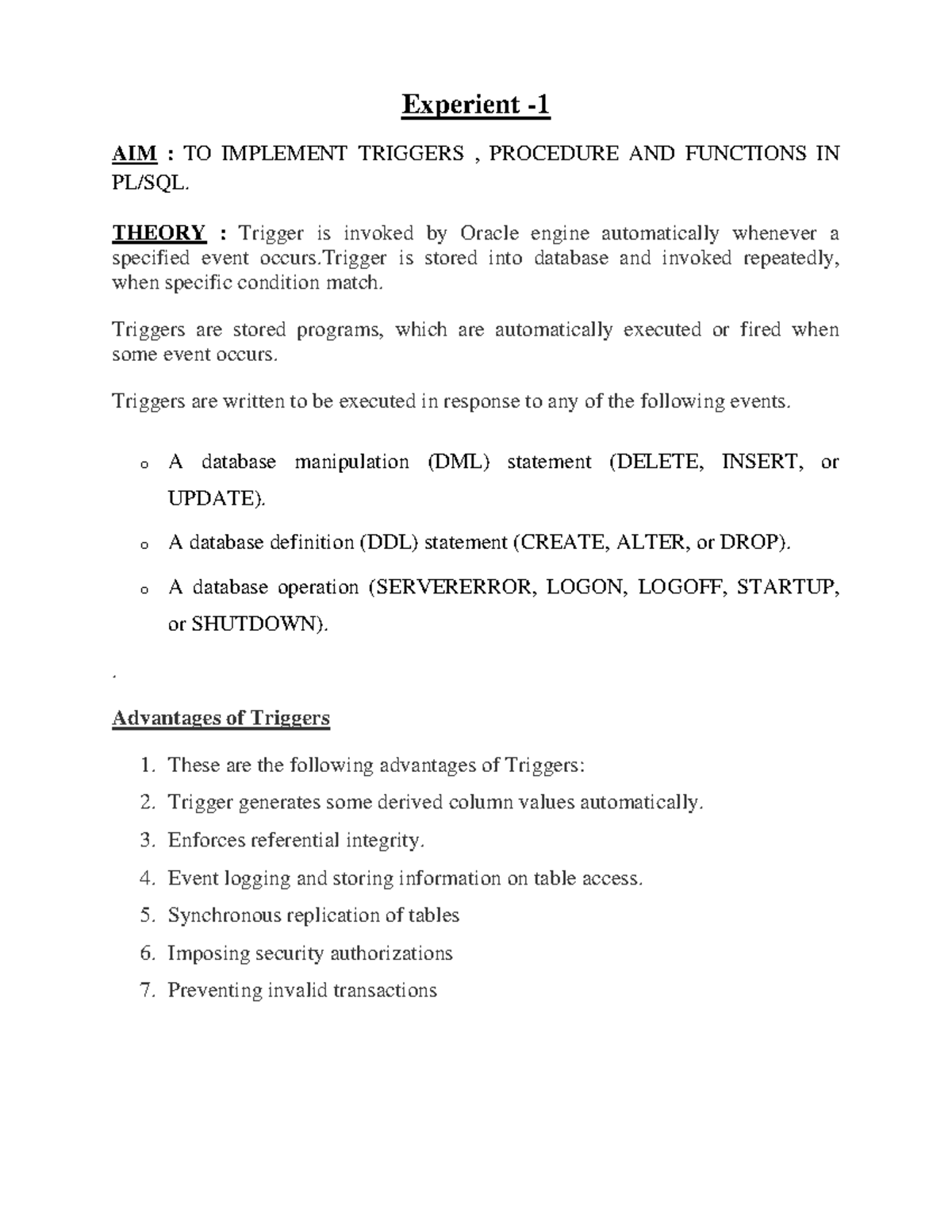 Harsh's Abdms FILE - adbms - Experient - AIM : TO IMPLEMENT TRIGGERS , PROCEDURE AND FUNCTIONS ...