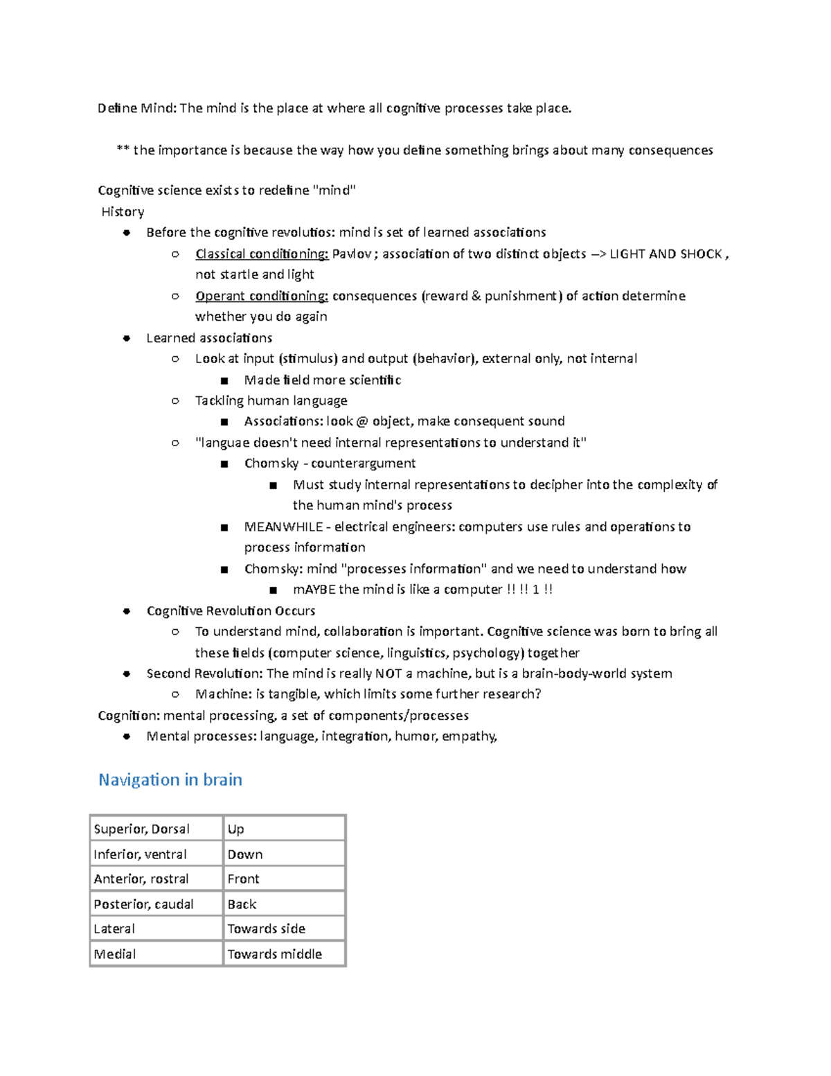 COGS 101 Exam Summary Sheet - Define Mind: The mind is the place at where all cognitive ...