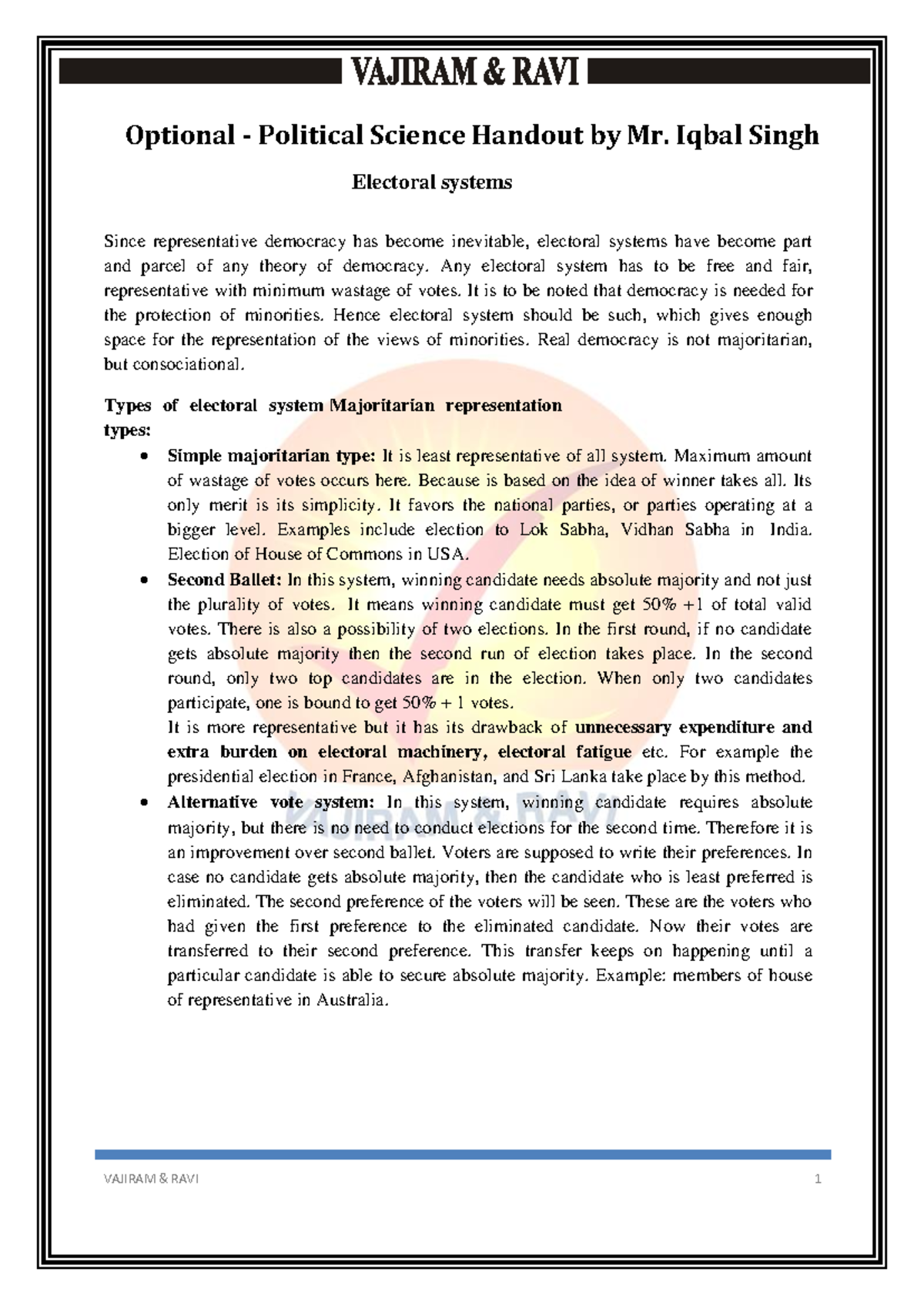 Electoral Systems - Optional - Political Science Handout by Mr. Iqbal ...