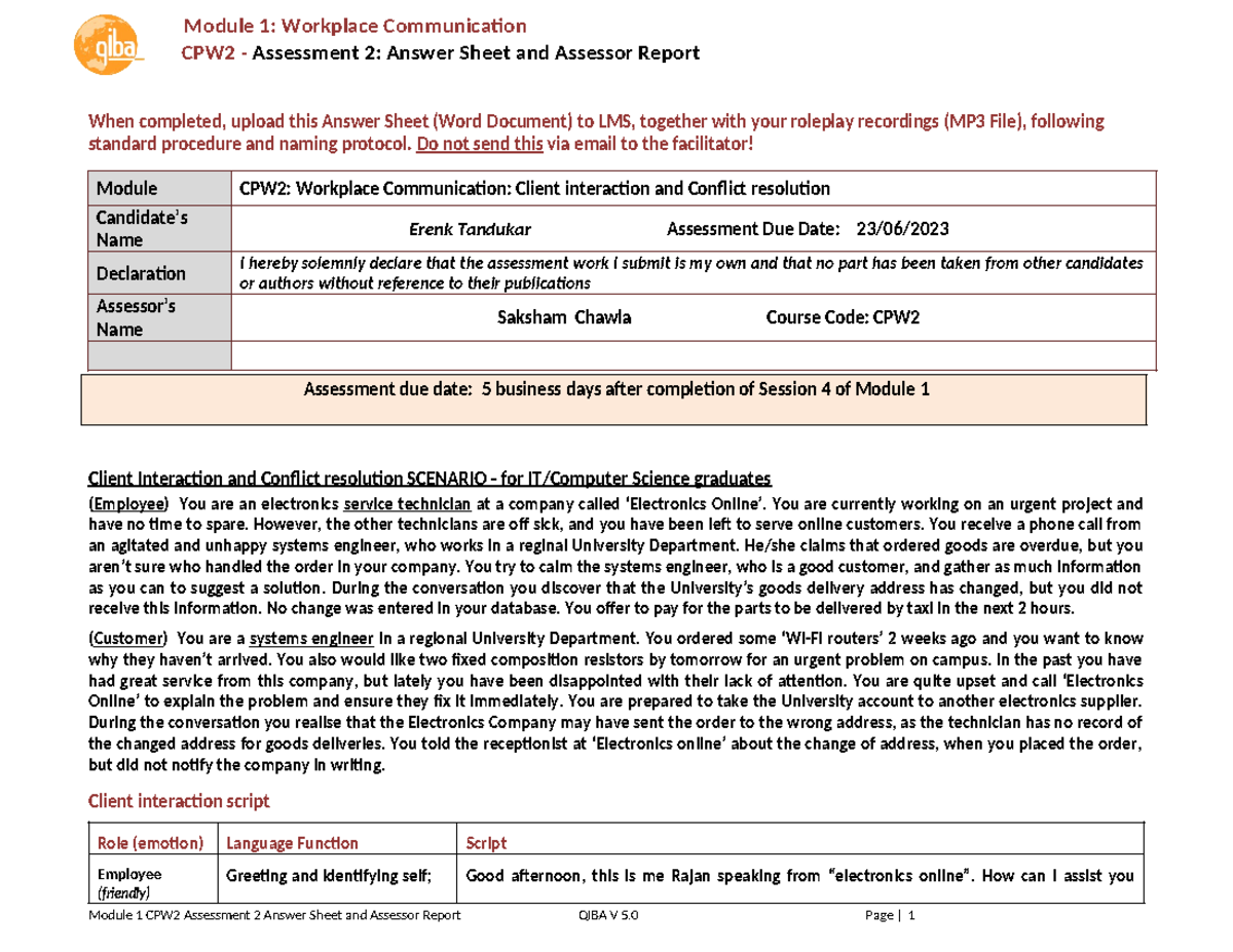 Erenk Tandukar Module 1 CPW2 Assessment 2 Answer Sheet and Assessor ...