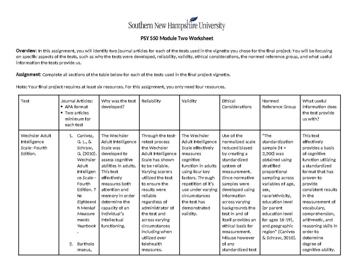 PSY 530 Module Two Worksheet - PSY 550 Module Two Worksheet Overview ...