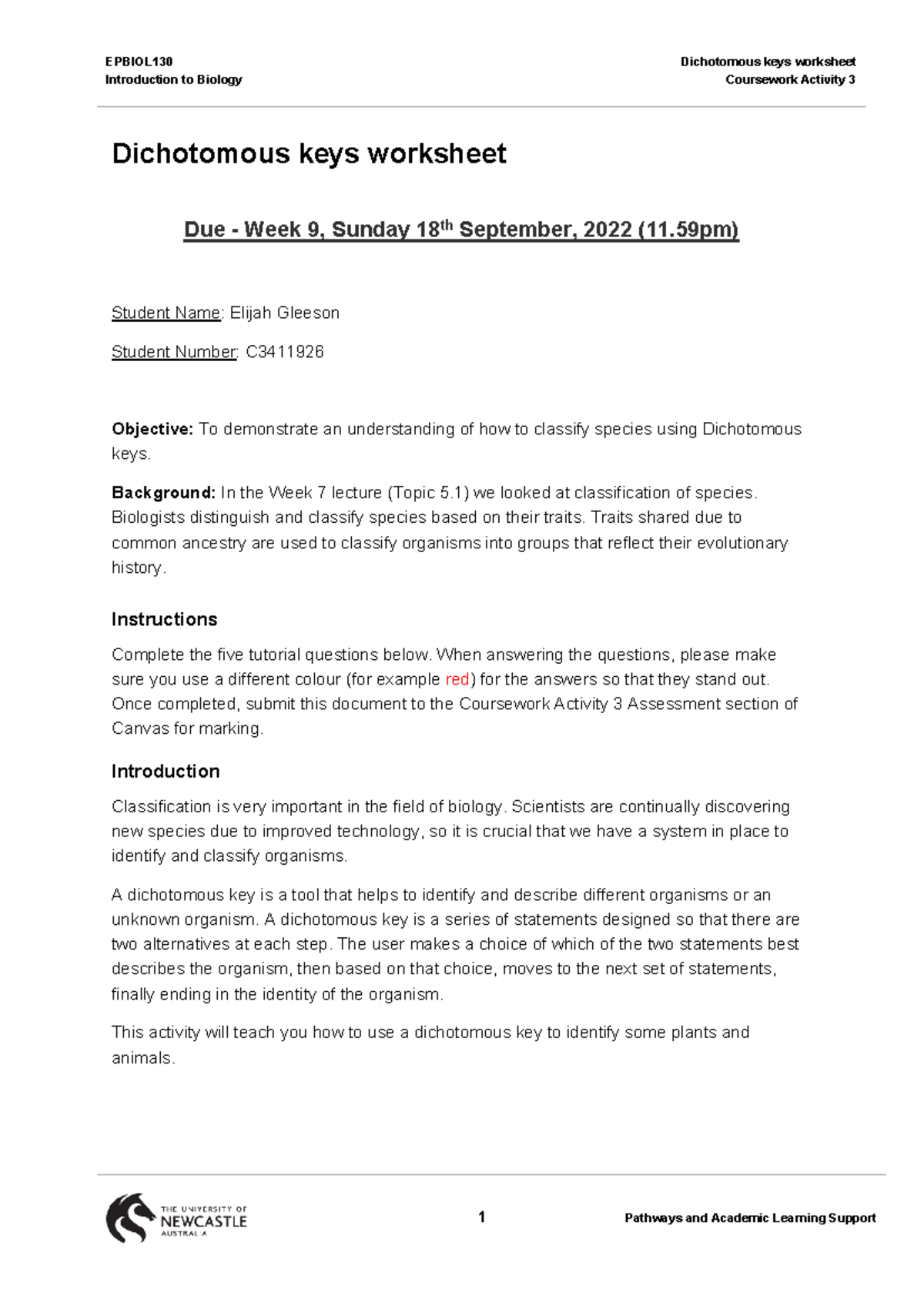 Dichotomous keys worksheet - Introduction to Biology Coursework ...