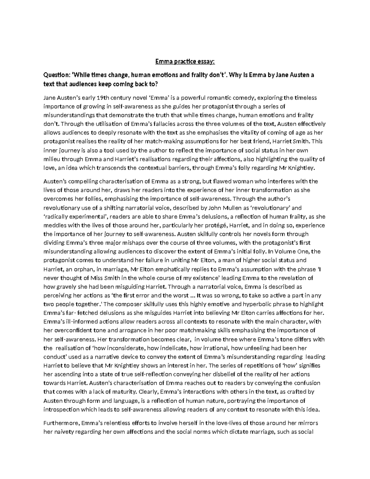 Emma practice essay - Emma practice essay: Question: ‘While times ...