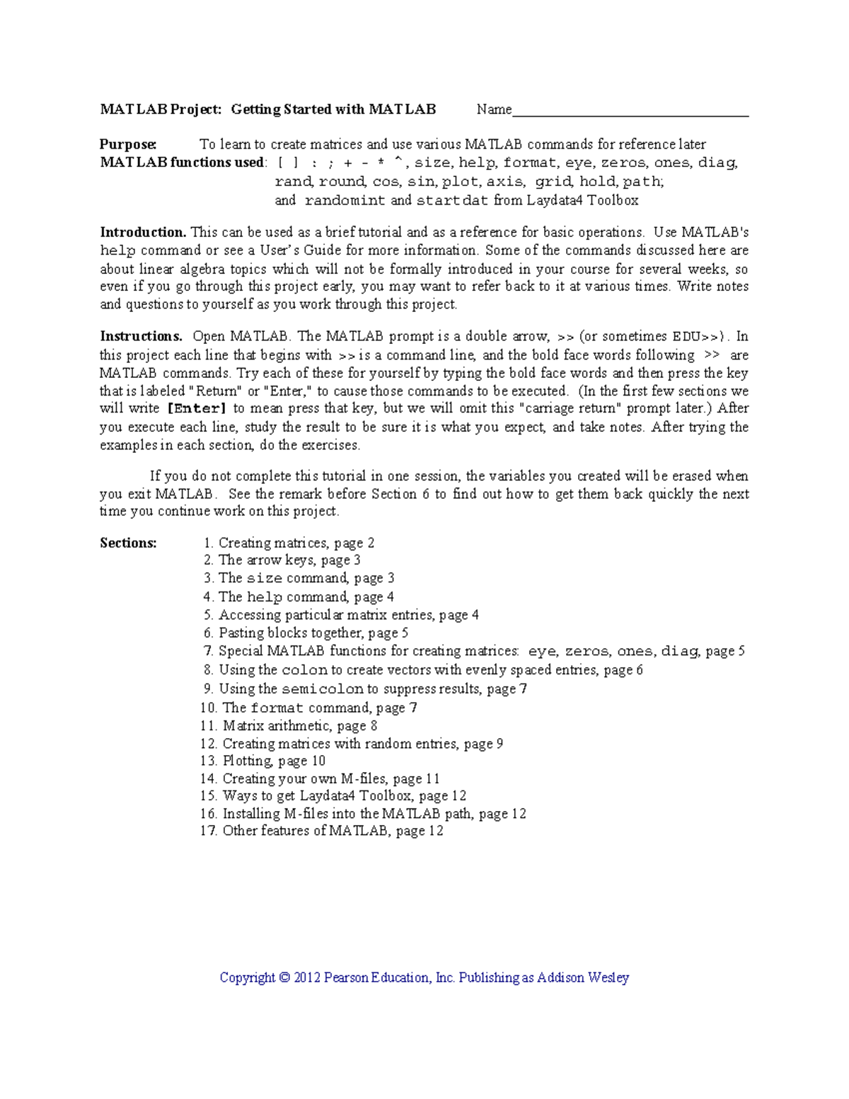 Project 1-337 - MATLAB Project: Getting Started with MATLAB Name