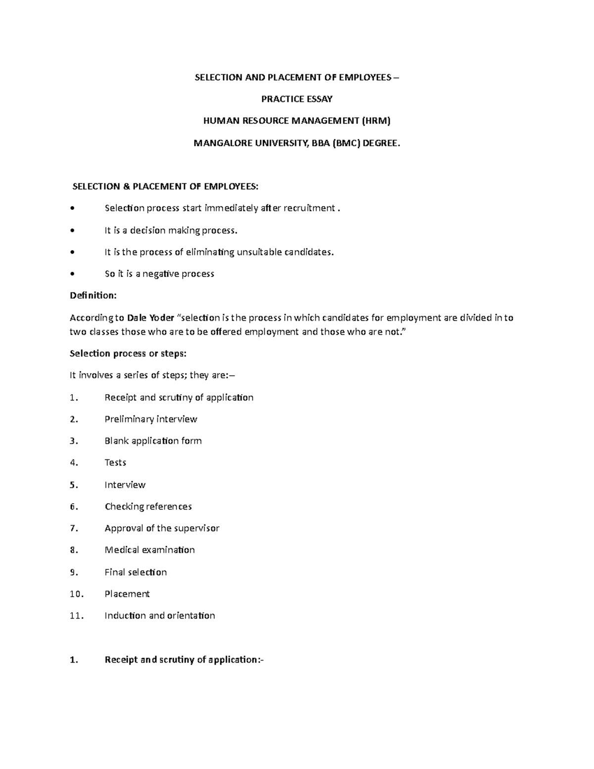 Selection and placement of employees - SELECTION AND PLACEMENT OF ...
