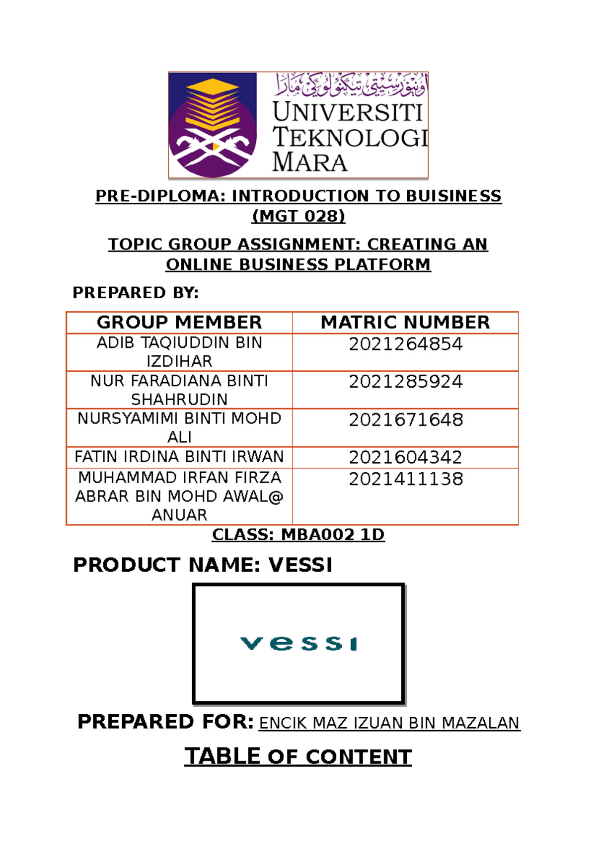 MGT028 Vessi Report Group Assignment (2) (1) - PRE-DIPLOMA ...