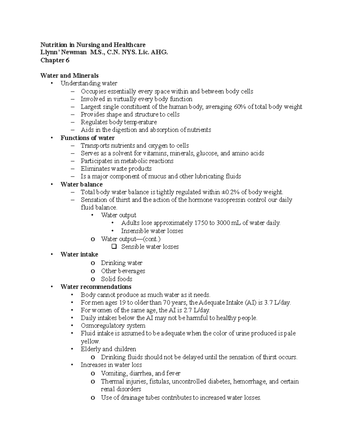 Water & Minerals Chp. 6 - Nutrition in Nursing and Healthcare Llynn ...
