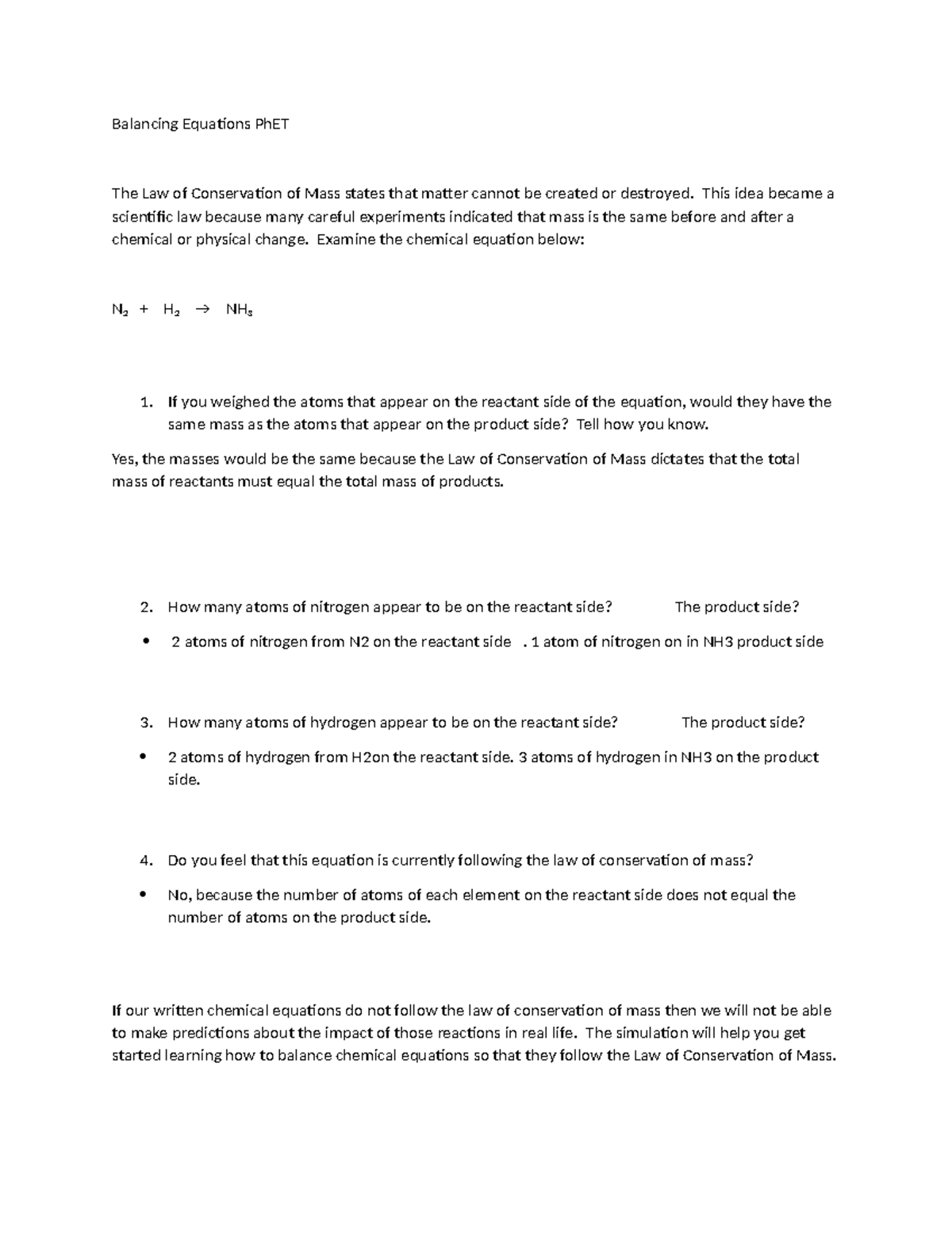 Balancing Chemical Equations Simulation Guide PHET - Balancing ...