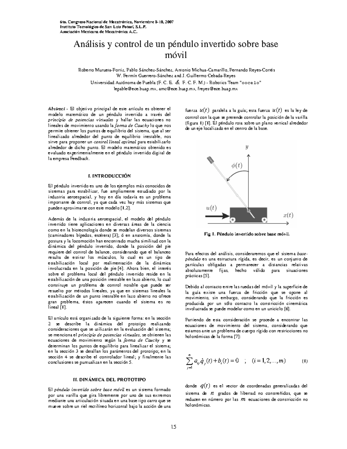 Análisis y control de un péndulo invertido sobre base móvil - Instituto ...