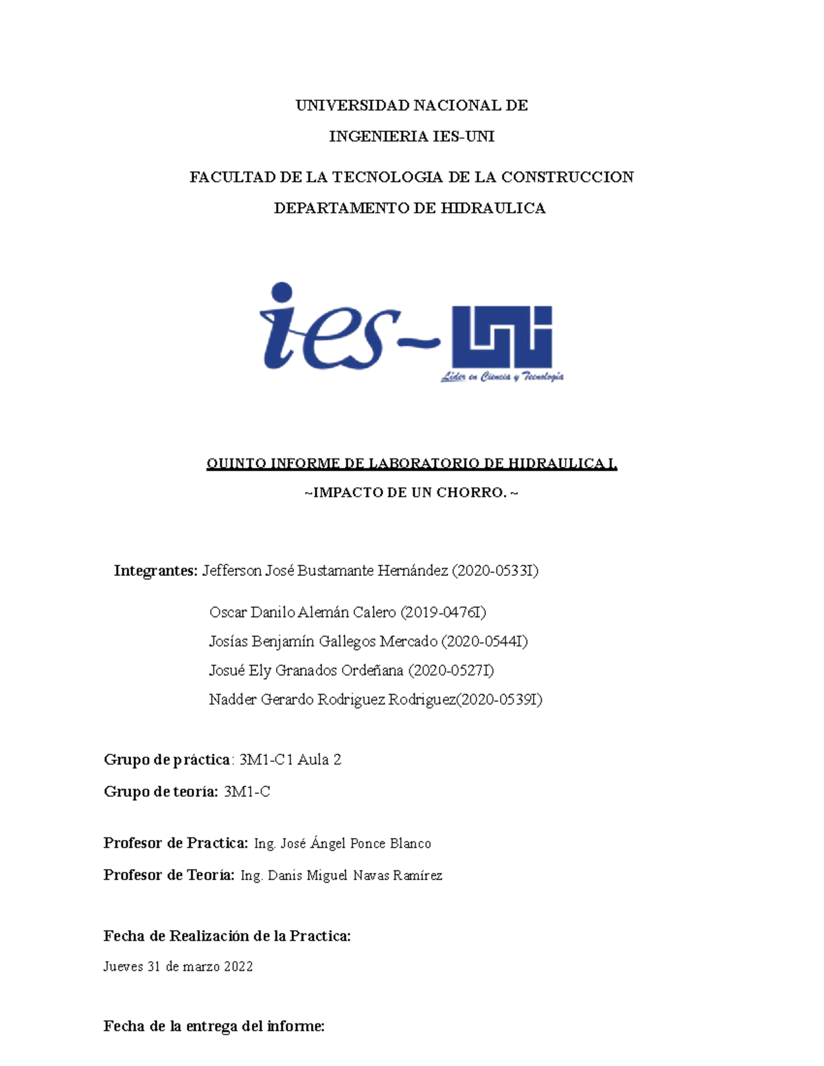 Hidraulica practica 5 - UNIVERSIDAD NACIONAL DE INGENIERIA IES-UNI ...