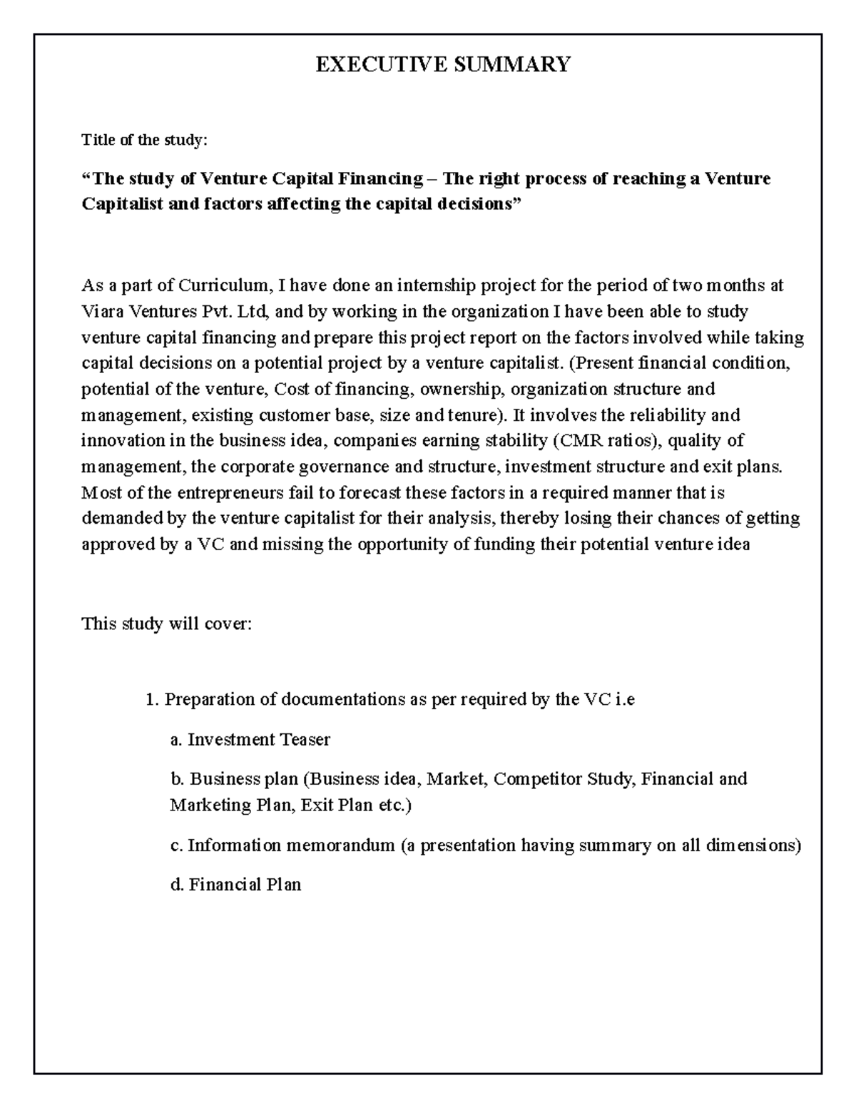 Executive Summary OF VENTURE CAPITAL - EXECUTIVE SUMMARY Title of the ...