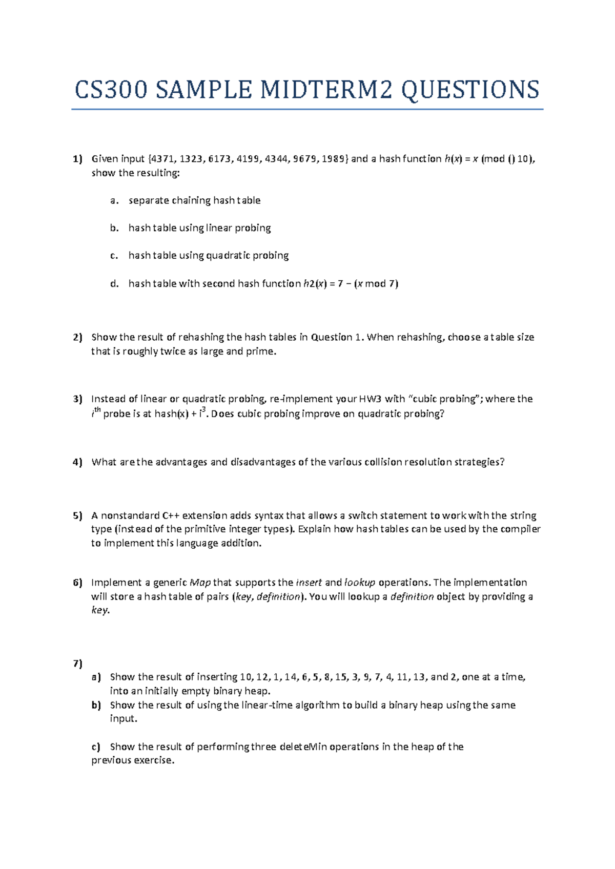 Cs300 Sample Midterm 2 Questions Cs300 Sample Midterm2 Questions Given Input 4371 1323 6173 