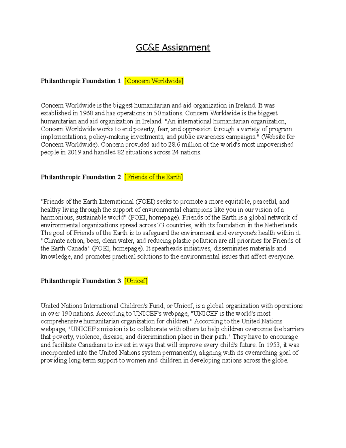 GC&E assignment GCE Assignment - GC&E Assignment Philanthropic Foundation 1: [Concern Worldwide ...
