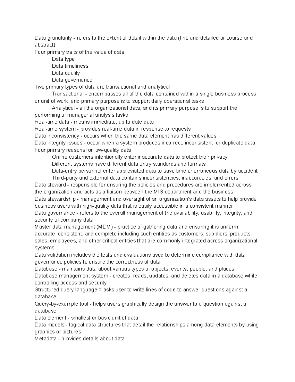 Using Relational Databases Management Week 5 Data Granularity Refers To The Extent Of