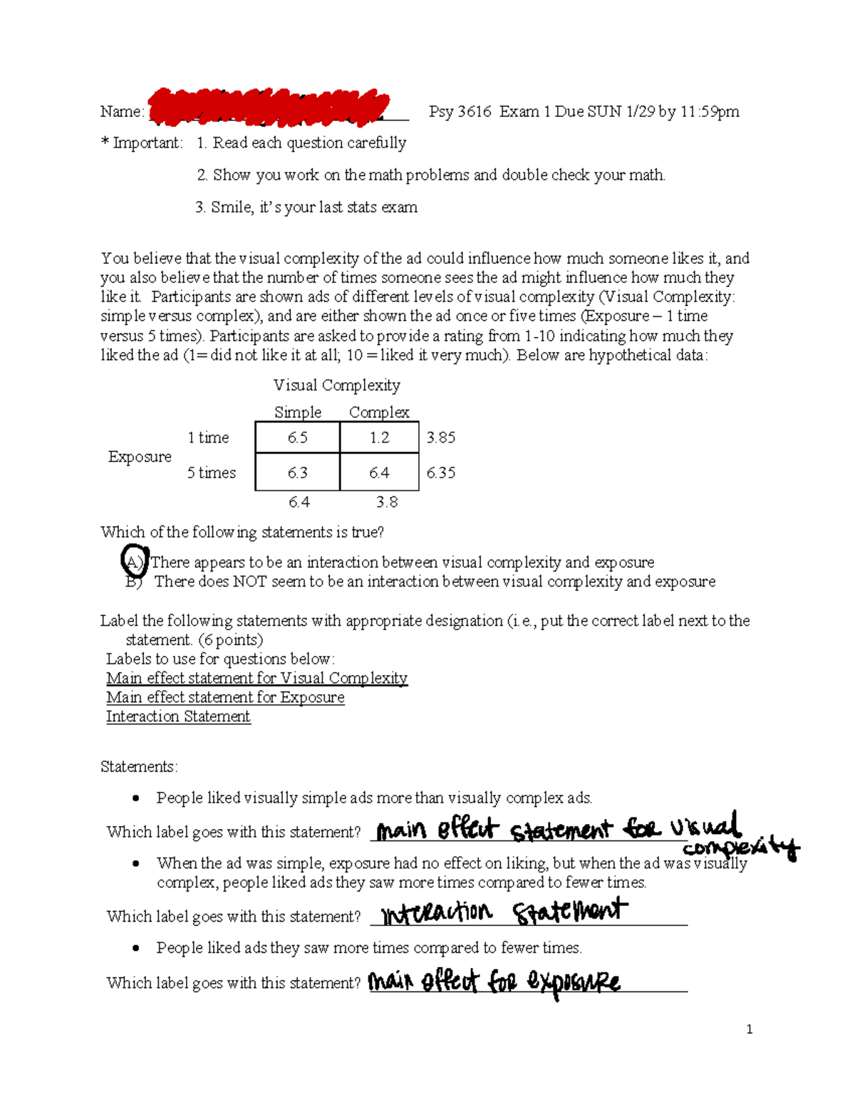 Psych Stats 3616 Exam one - 1 Name: _______________________________ Psy ...
