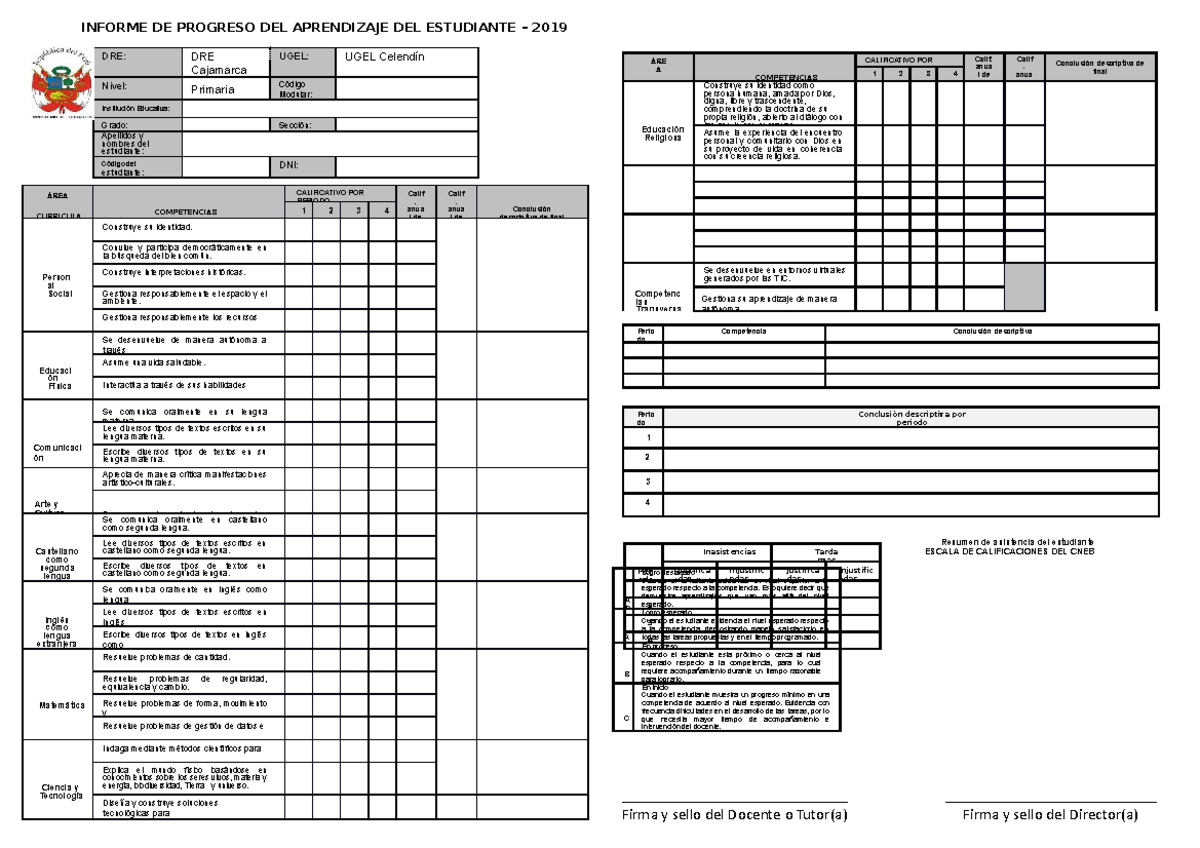 Boleta DE Notas Primaria - INFORME DE PROGRESO DEL APRENDIZAJE DEL ...