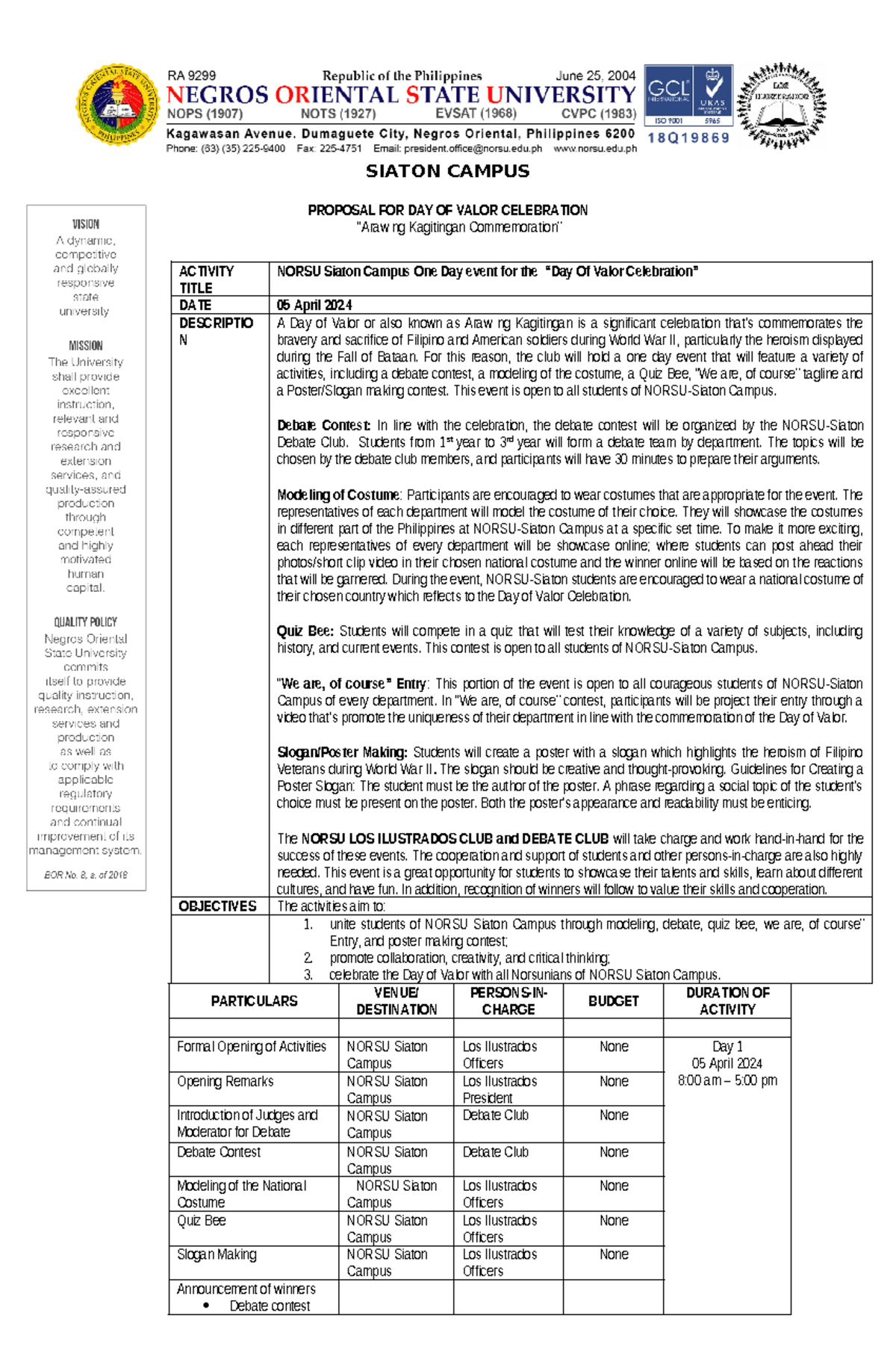Activity Design(Day Of Valor) - SIATON CAMPUS PROPOSAL FOR DAY OF VALOR ...