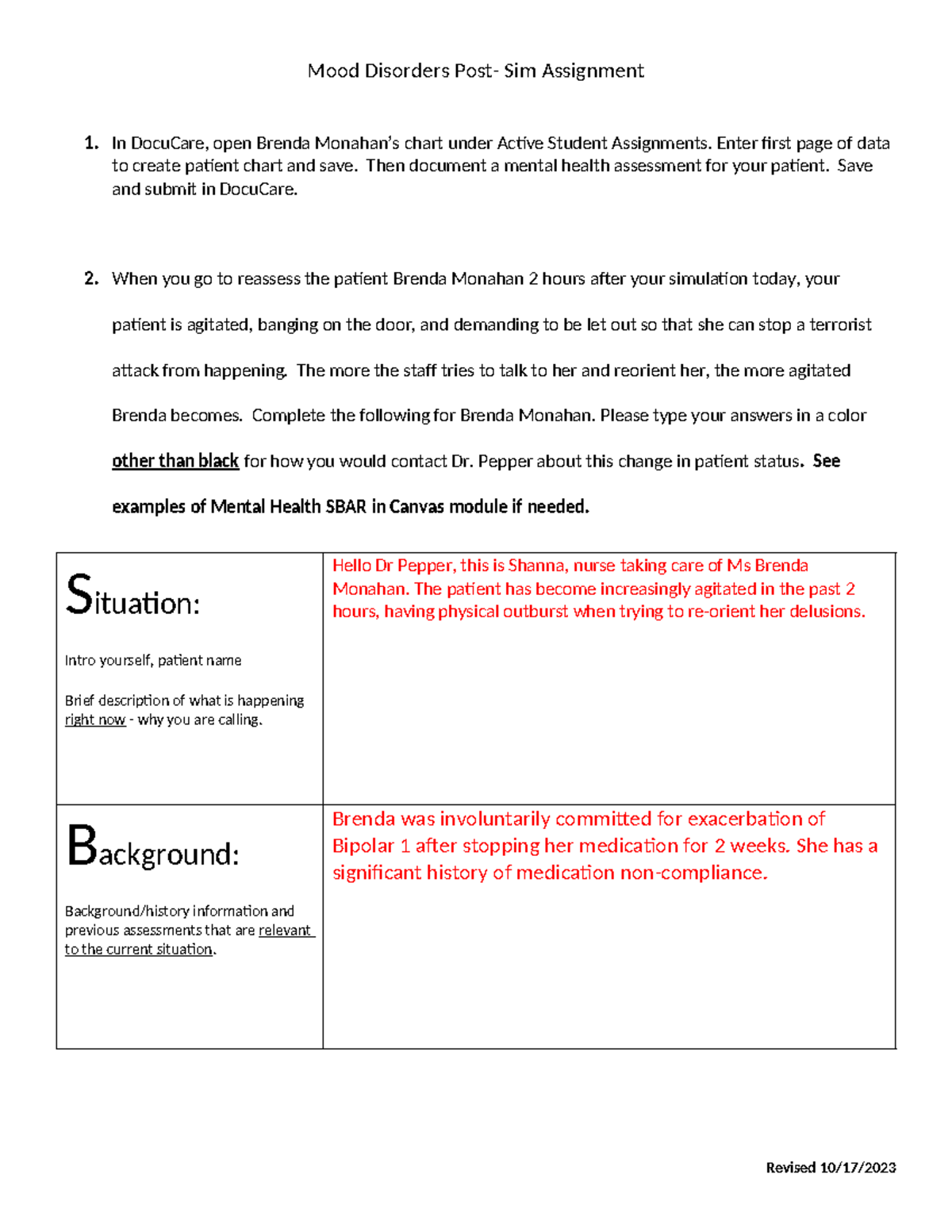 Mood Disorders Post Sim Assignment - In DocuCare, open Brenda Monahan’s ...