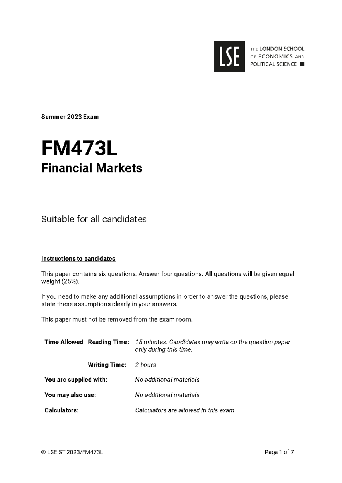 FM473 2023 - Summer 2023 Exam FM 473 L Financial Markets Suitable for ...