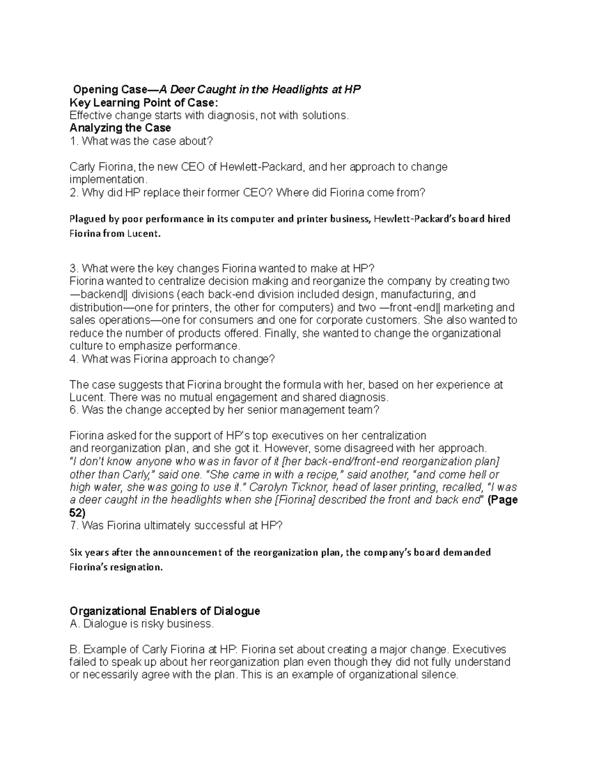 Opening Case ch 3 - Opening Case—A Deer Caught in the Headlights at HP Key Learning Point of ...