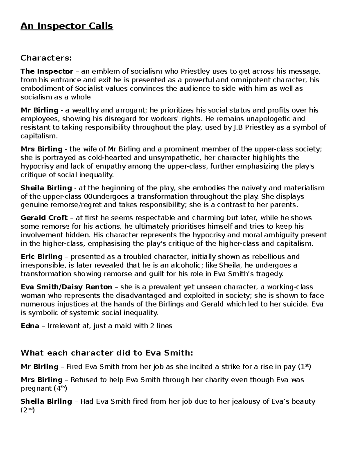 An Inspector Calls - summary - An Inspector Calls Characters: The Inspector – an emblem of ...