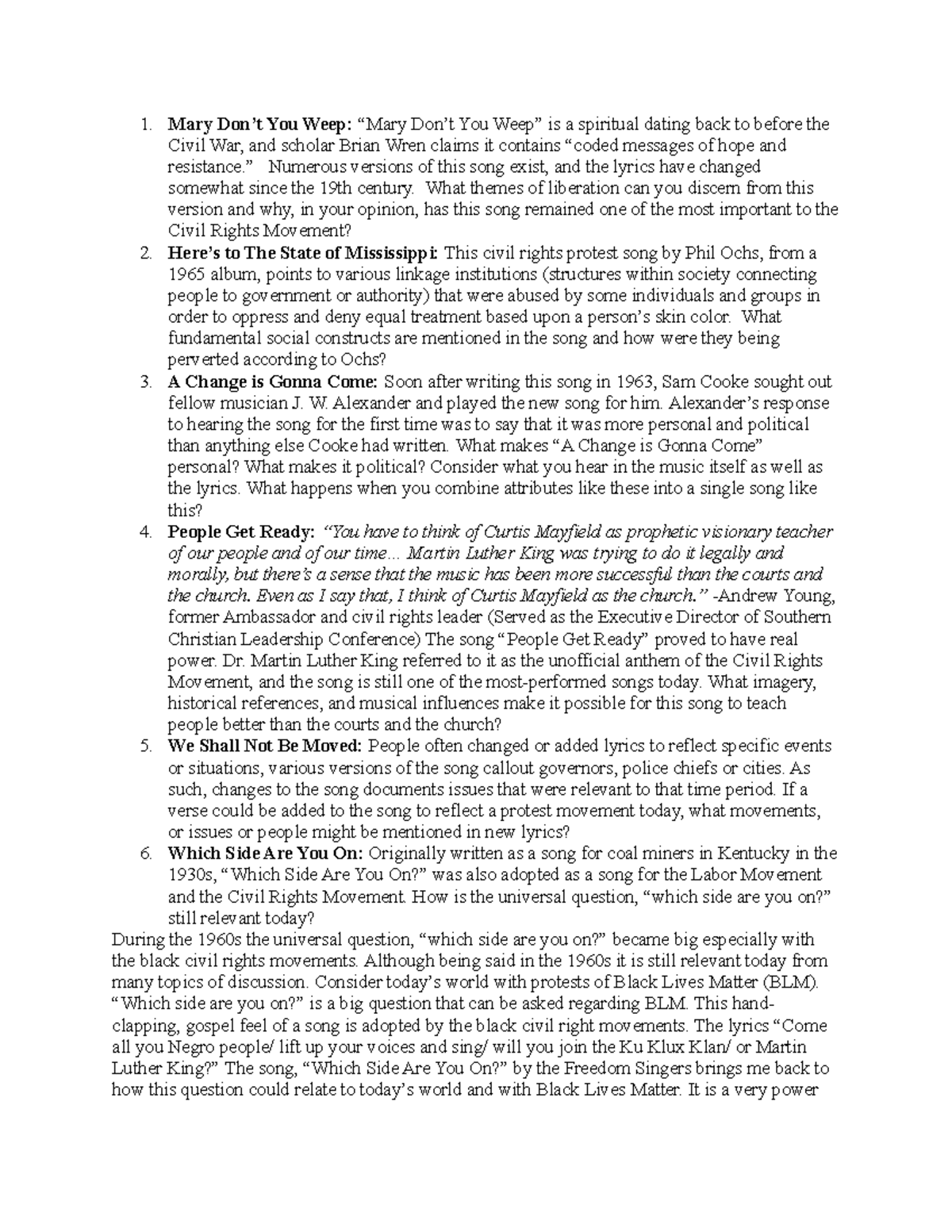 Discuss- Songs of Civil Rights - Mary Don’t You Weep: “Mary Don’t You ...