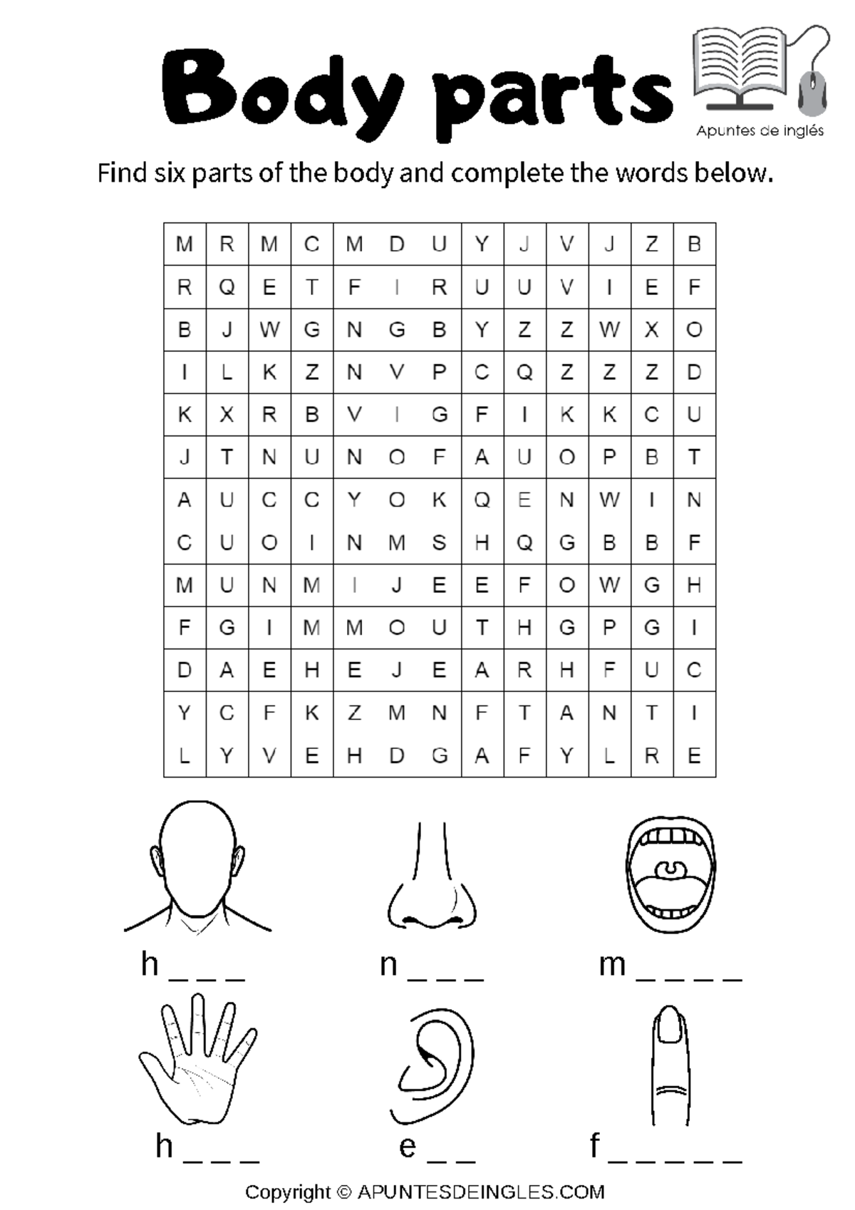 Sopa de letras - Partes del cuerpo - ingles - Body parts Copyright ...