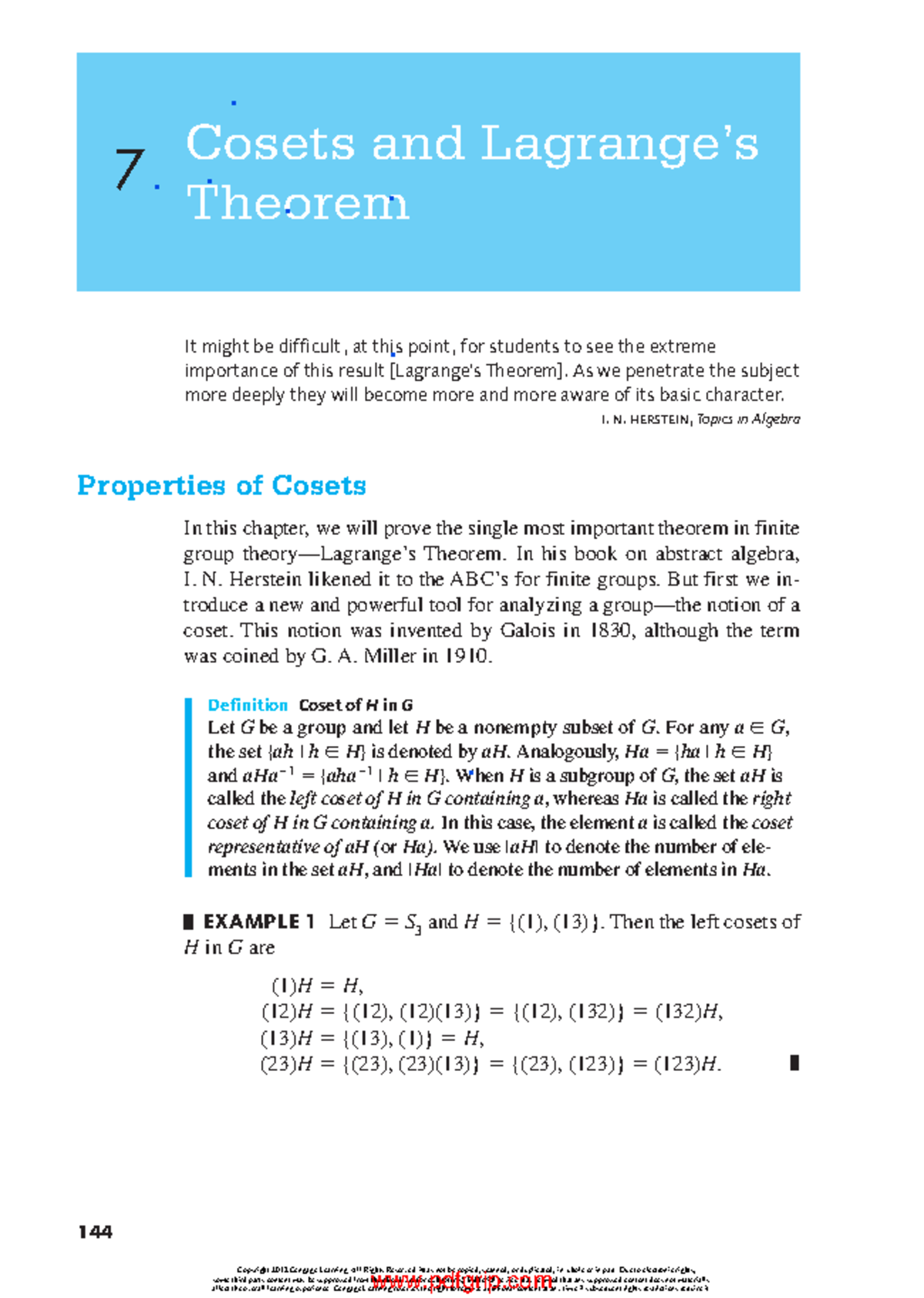 Contemporary Abstract Algebra 9 - 144 Cosets and Lagrange’s Theorem 7 ...