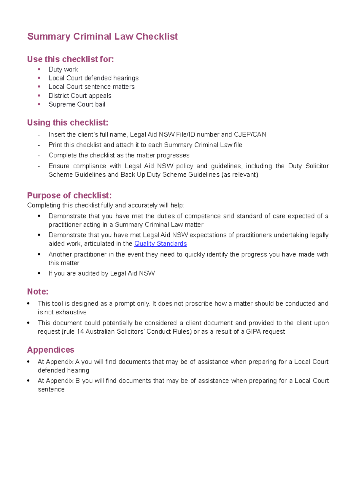 Summary Criminal Law Checklist - Family, Youth and Children’s Law ...