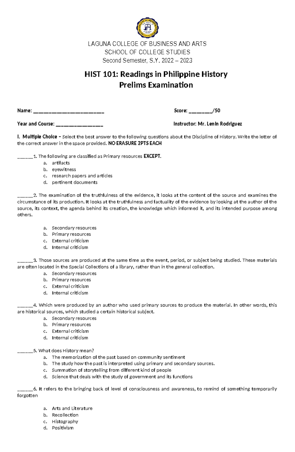 History 100 Prelim EXAM LCBA - LAGUNA COLLEGE OF BUSINESS AND ARTS ...