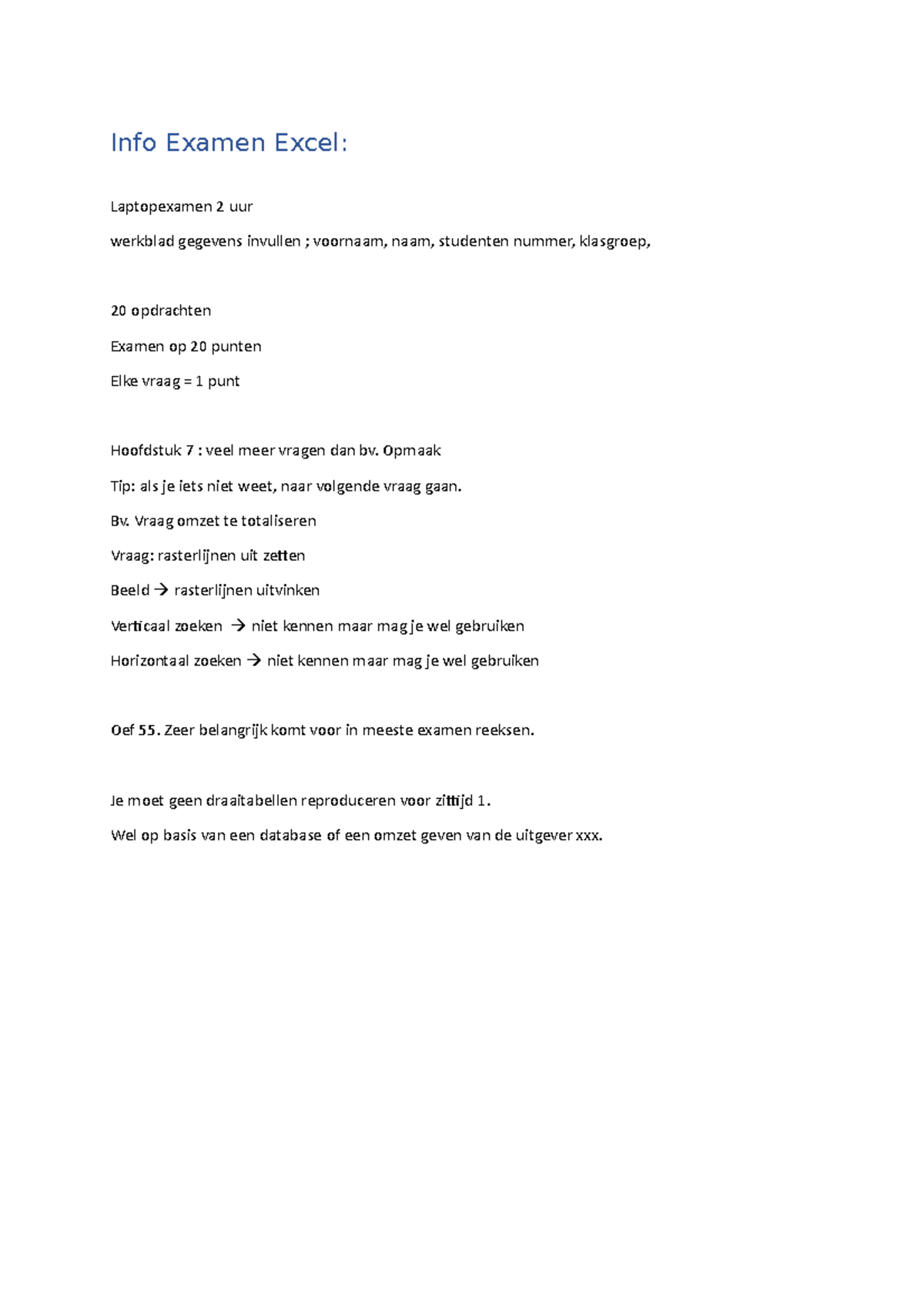 Info Examen Excel - Info Examen Excel: Laptopexamen 2 uur werkblad ...