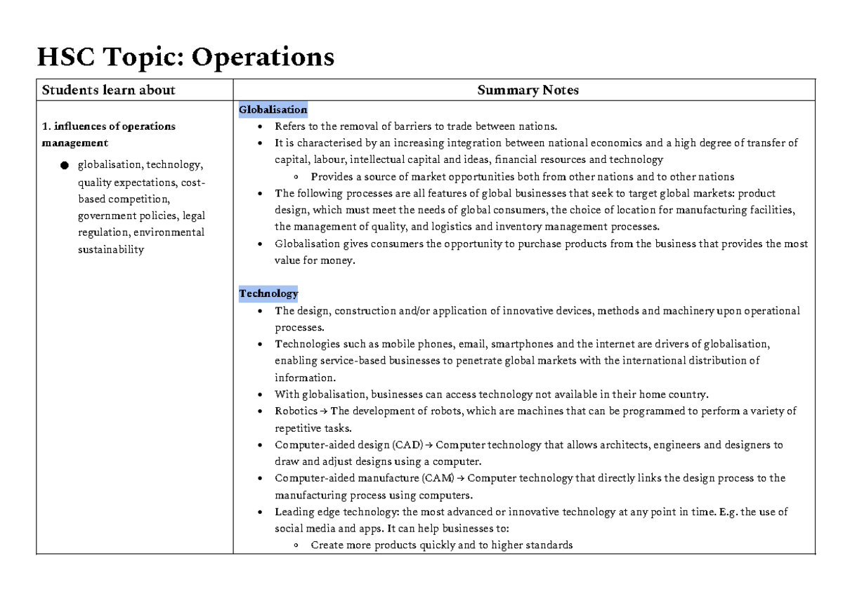 Influences of operations management summary template - HSC Topic ...