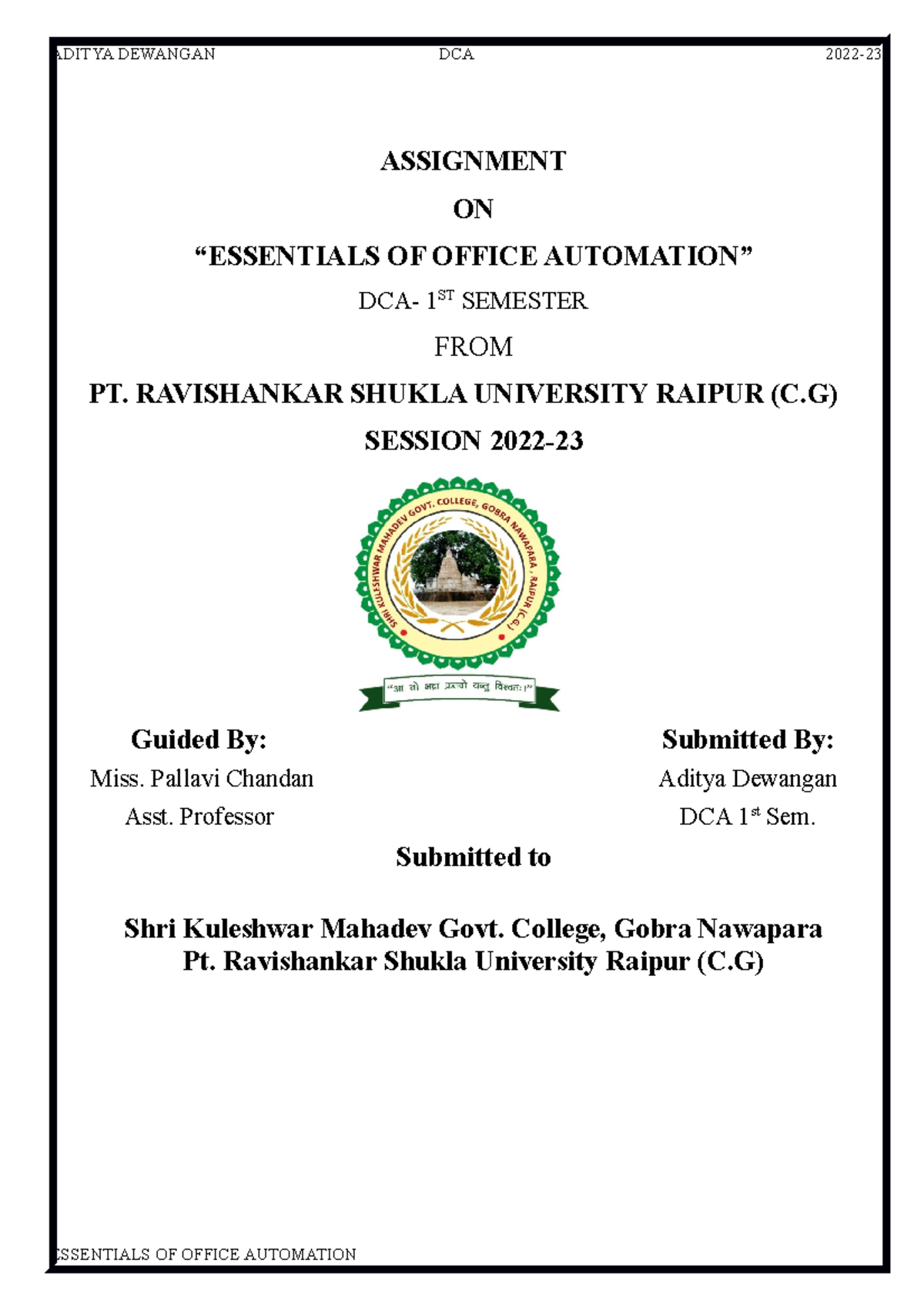 Office Assignment - ASSIGNMENT ON “ESSENTIALS OF OFFICE AUTOMATION” DCA ...