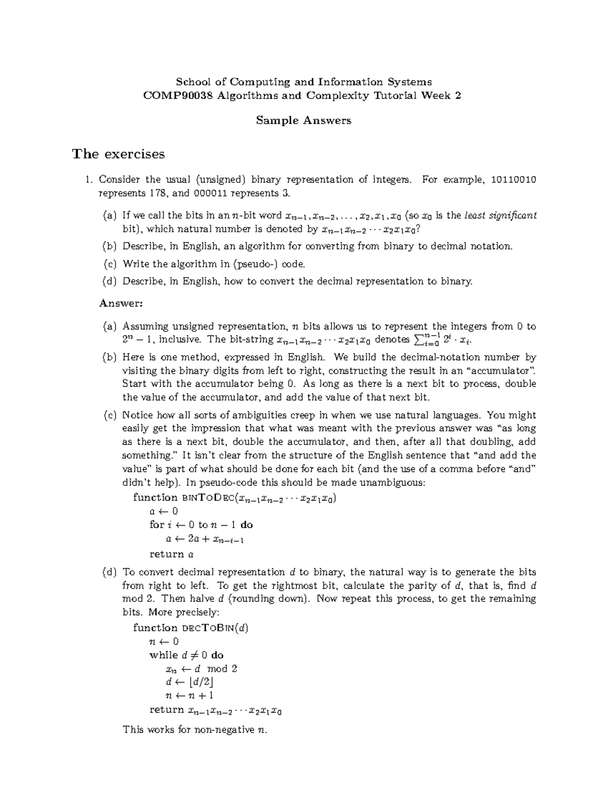 Week02 Tutorial Ans - School of Computing and Information Systems COMP90038 Algorithms and - Studocu