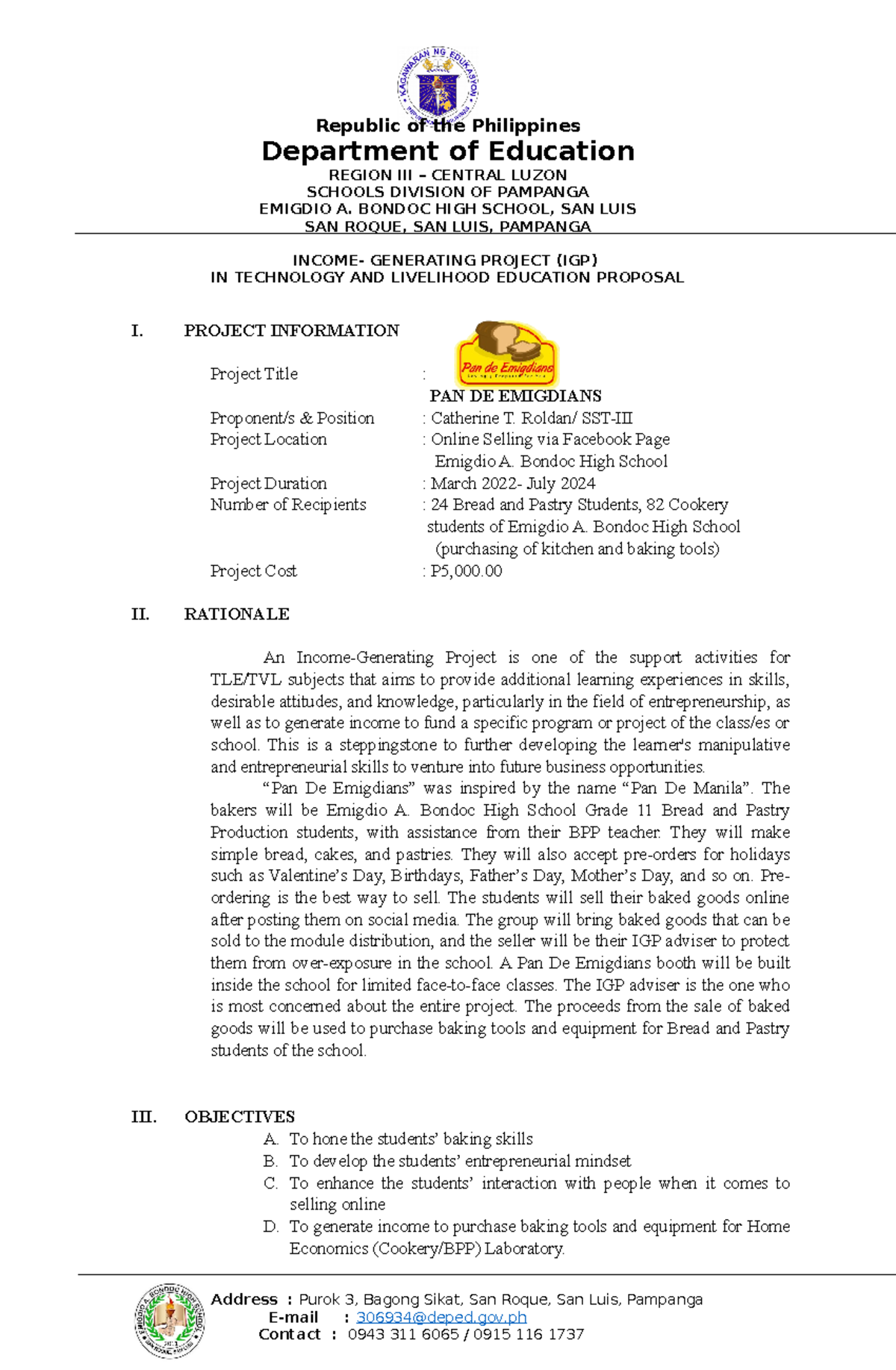 Income Generating Project- Baking - Department of Education REGION III ...