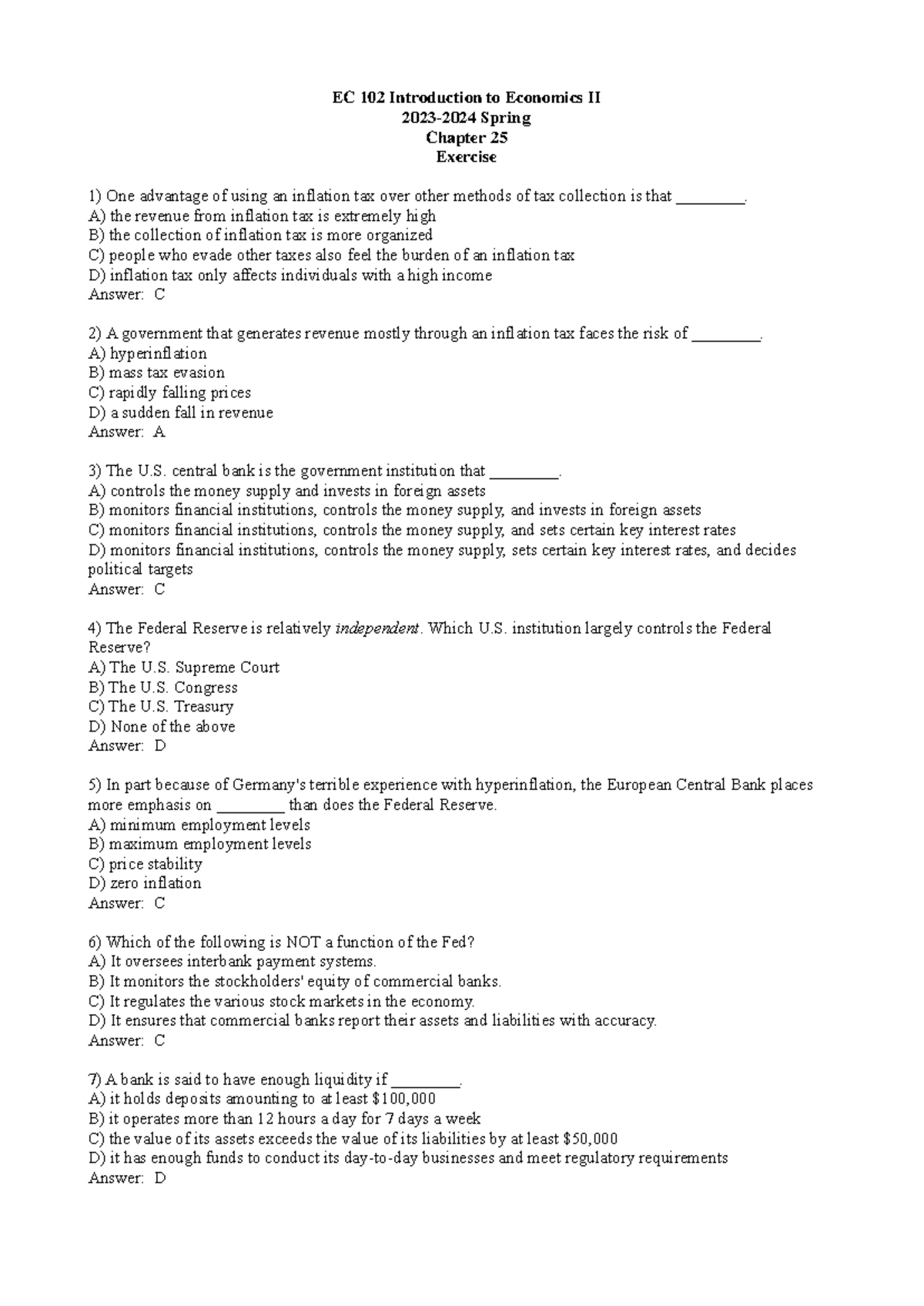 Ec102 ch25 exercise 1 - hhljj - EC 102 Introduction to Economics II ...