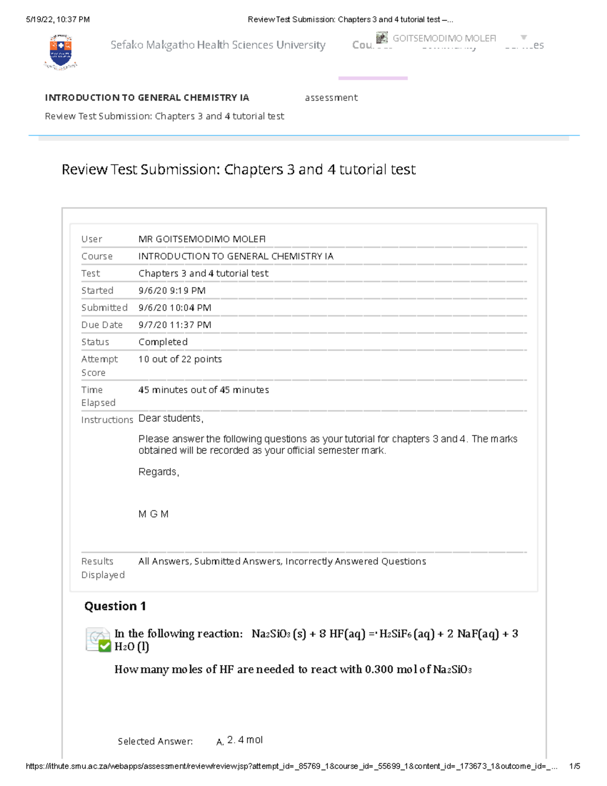 Review Test Submission Chapters 3 and 4 tutorial test – - Review Test ...