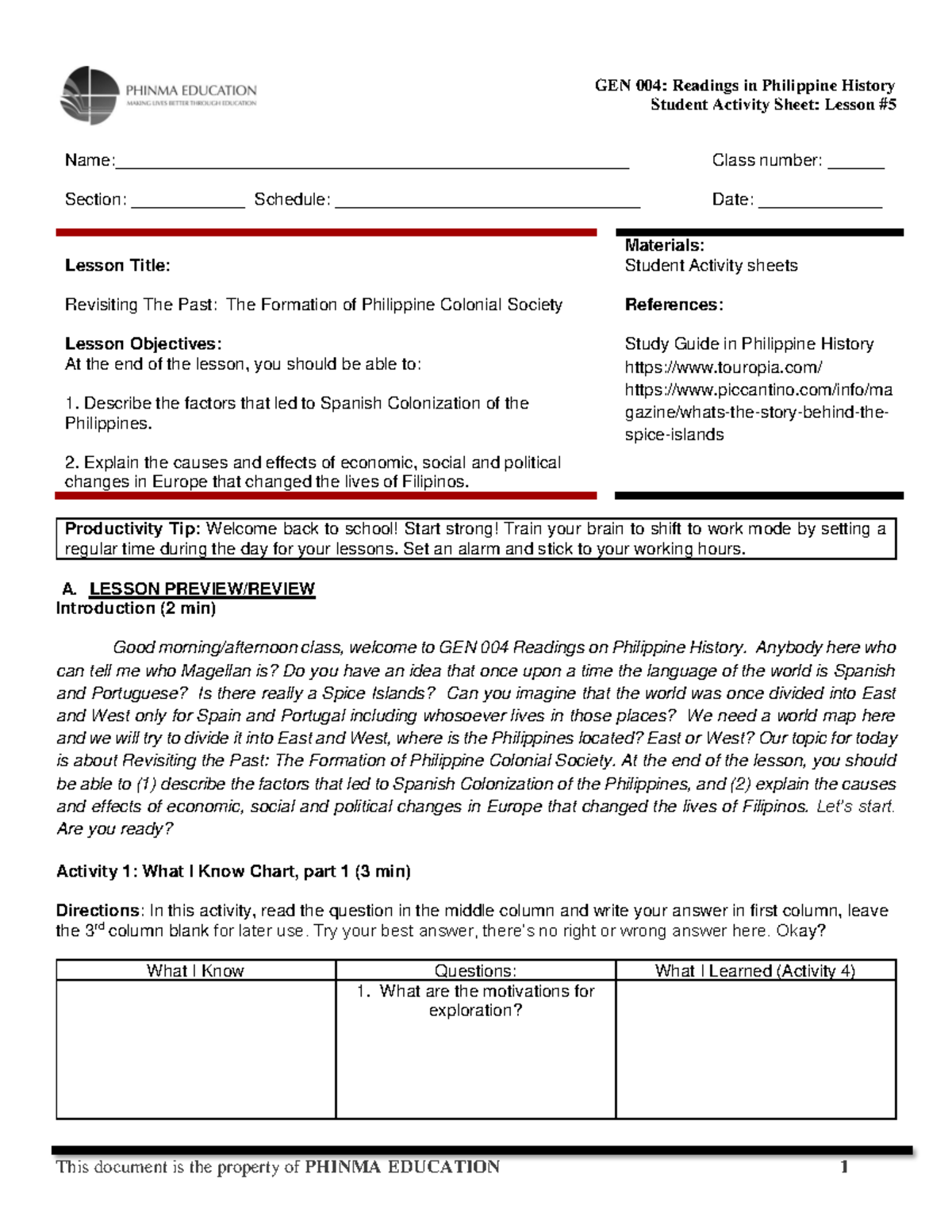 Copy of SAS# 5 - GEN 004 - N/A - Student Activity Sheet: Lesson # - Studocu