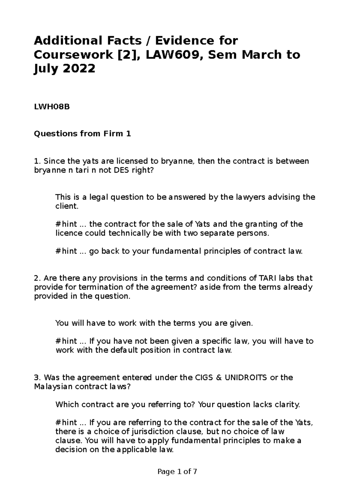Additional Fact Evidence for Coursework 2, LAW609, Sem March to - #hint ...