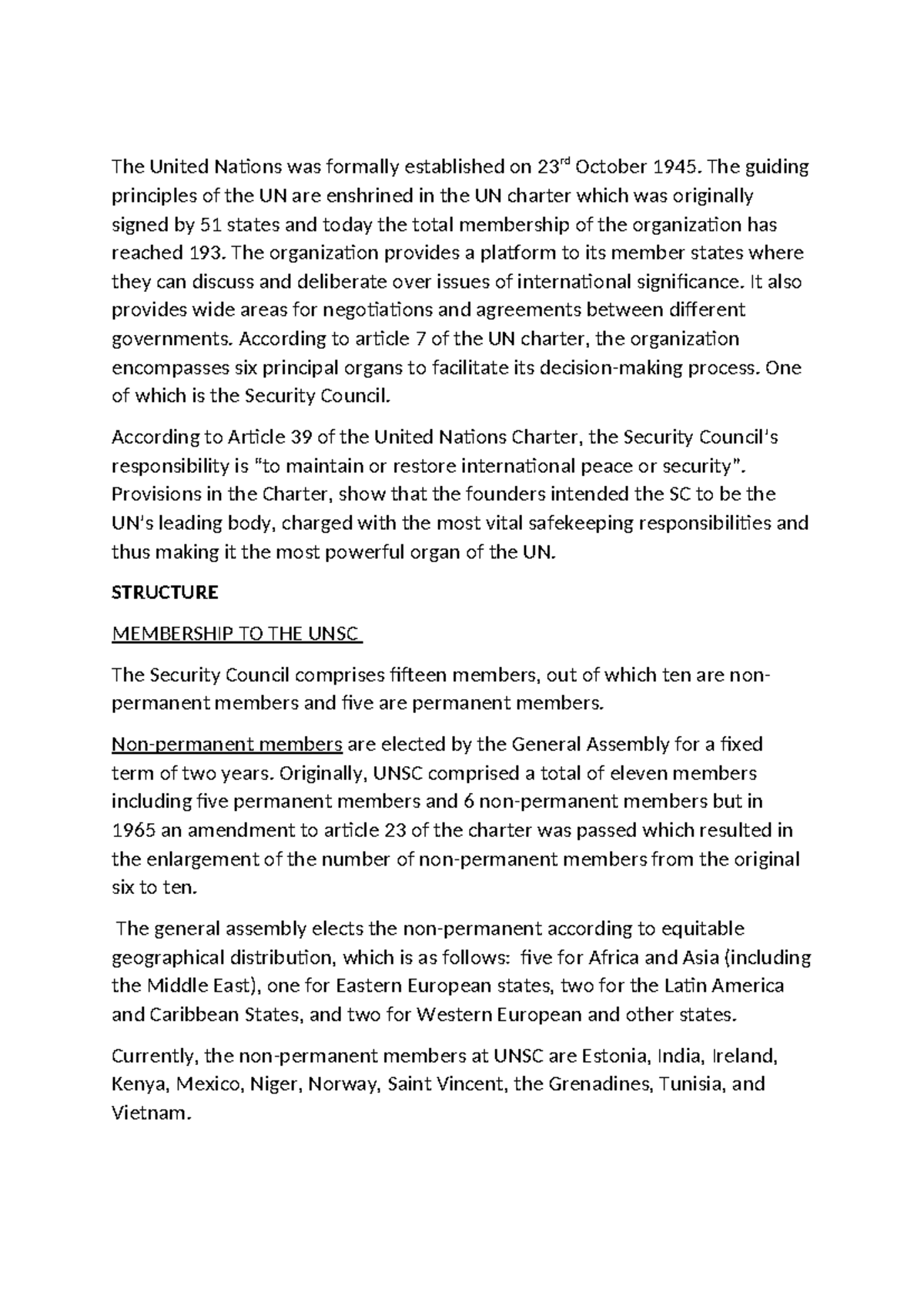 UNSC - UNSC - The United Nations was formally established on 23rd ...