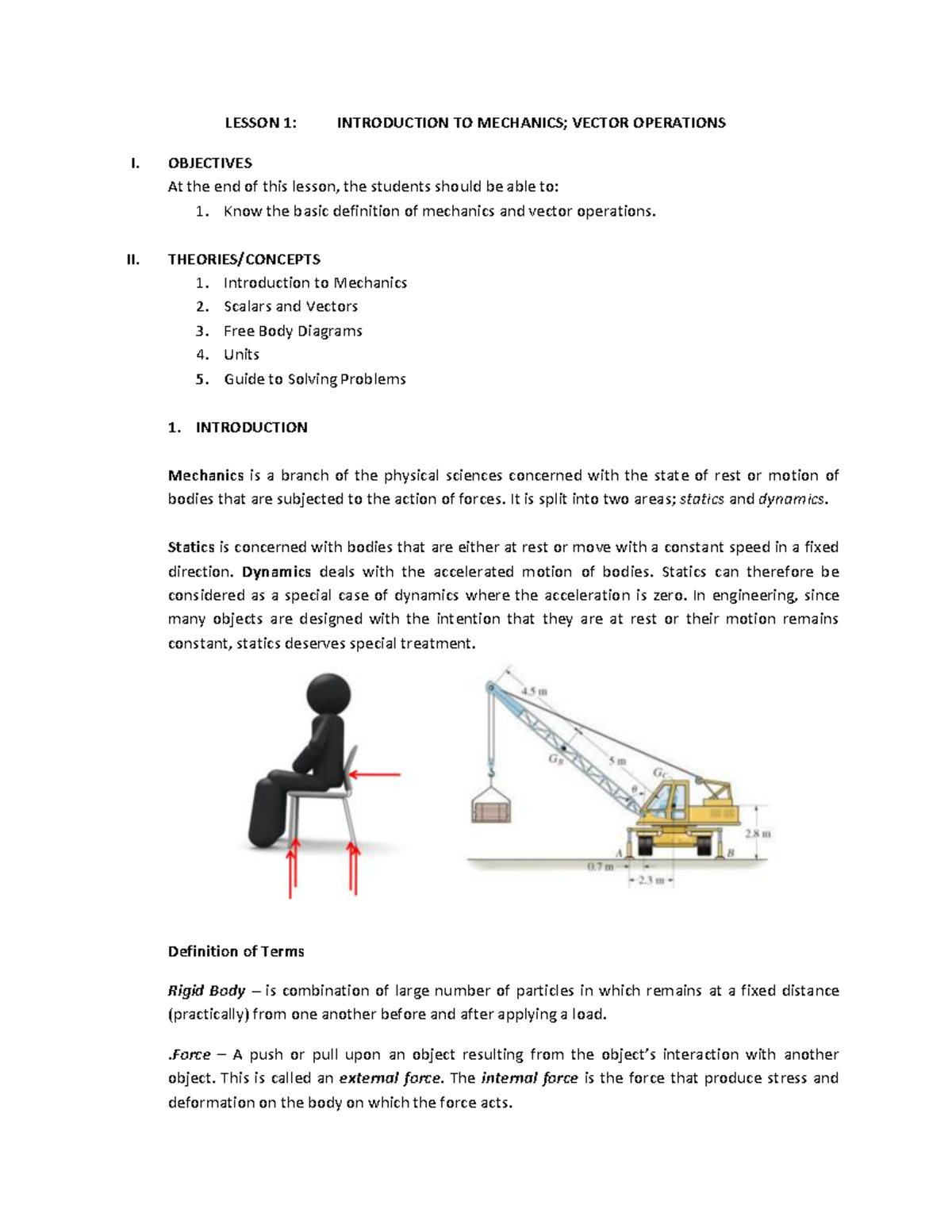 Lesson 1 - Introduction to Mechanics; Vector Operations - LESSON 1 ...