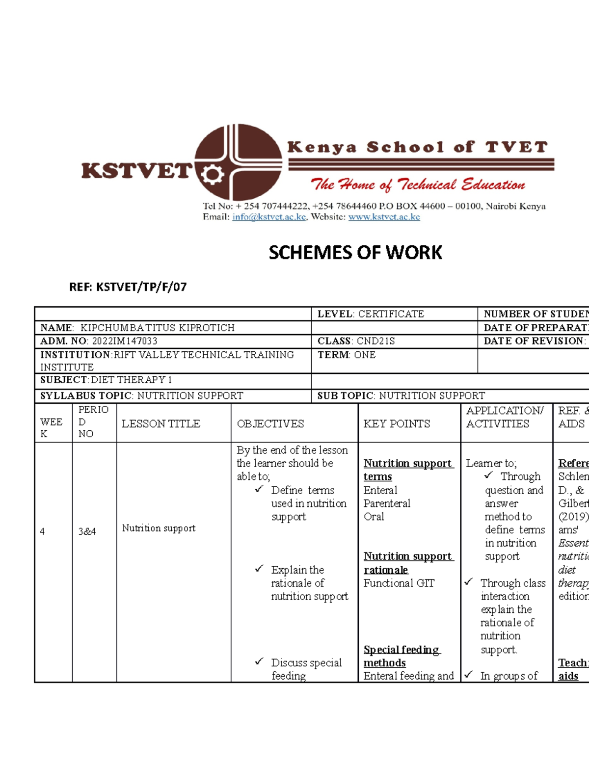 Kiprotich titus schemes - SCHEMES OF WORK REF: KSTVET/TP/F/ LEVEL ...