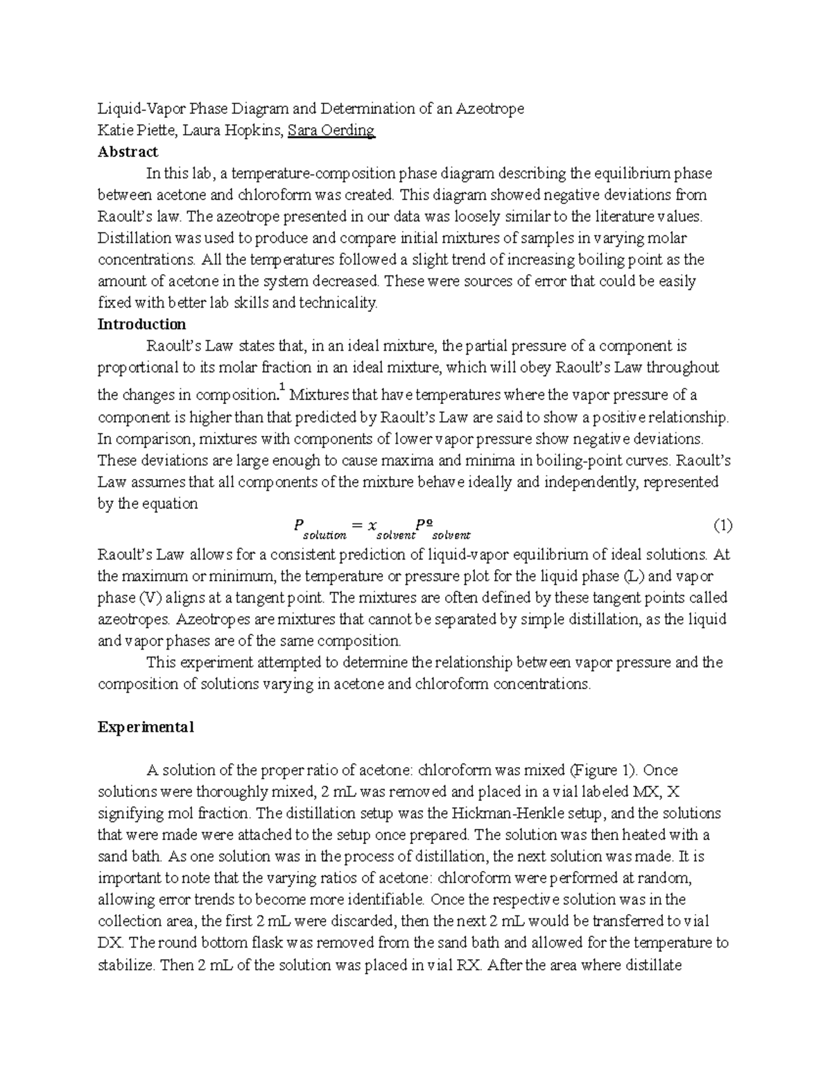 Liq-Vap Lab - Lab Report - Liquid-Vapor Phase Diagram and Determination ...