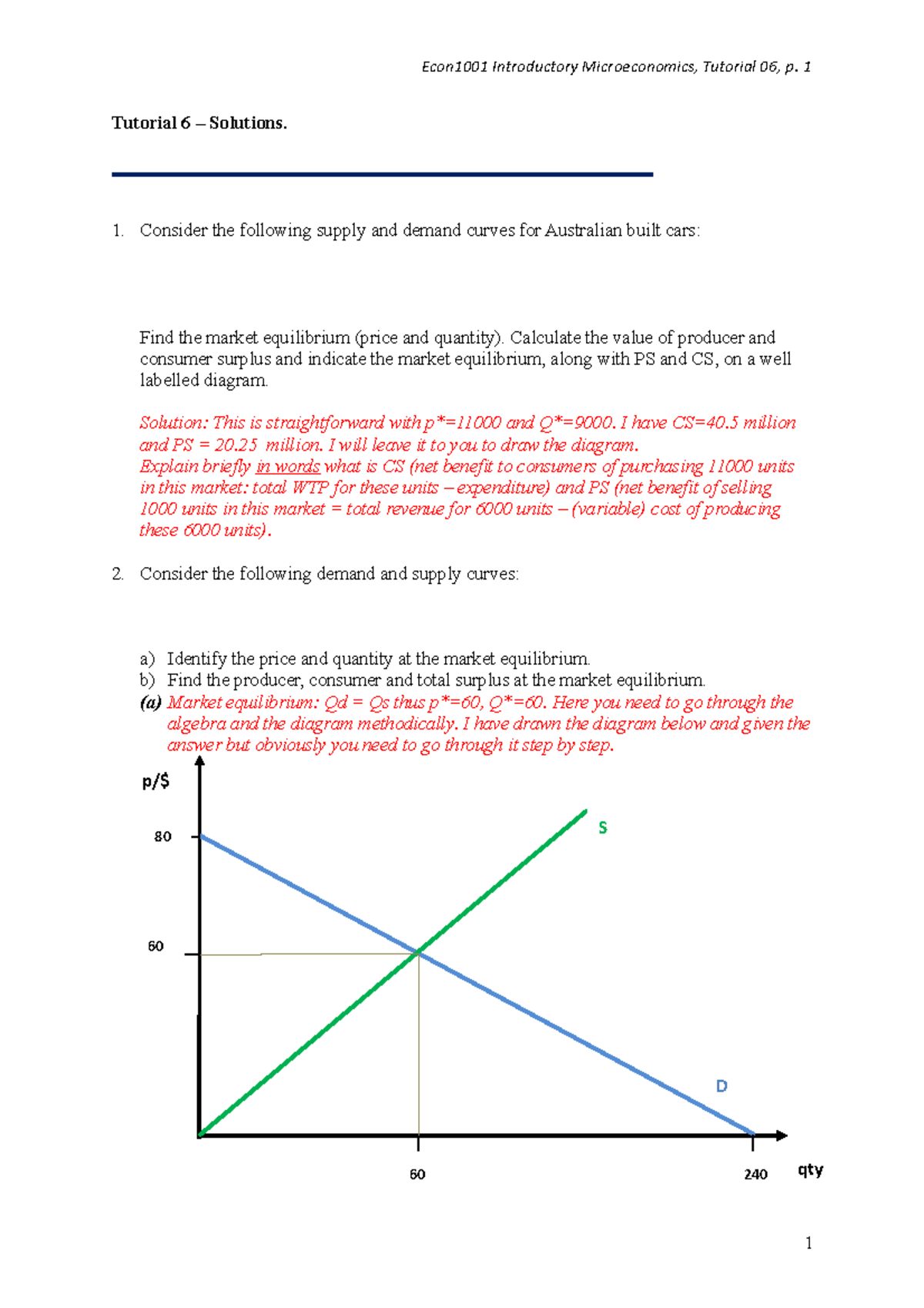Econ1001 Tutorial 06 Solutions - Tutorial 6 – Solutions. Consider the ...