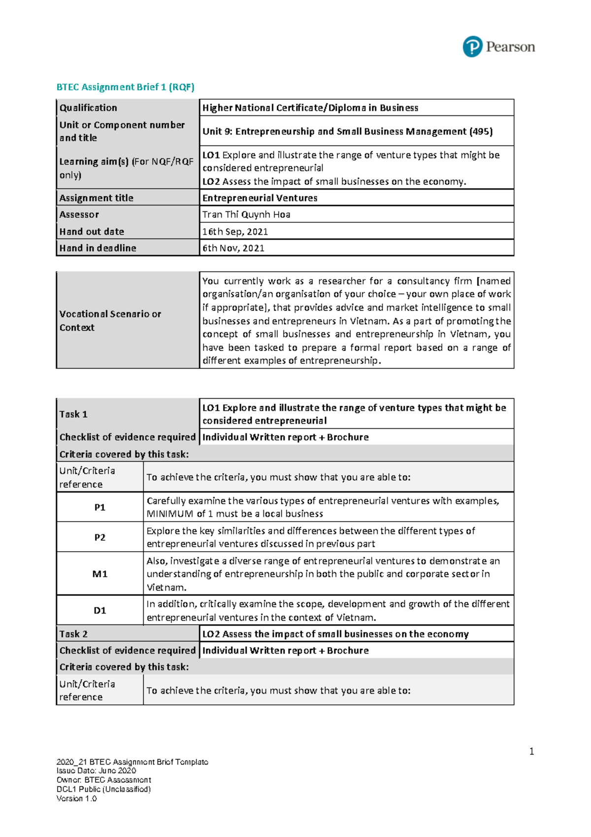 495 Assignment 1 Brief ESBM 2021 - 1 2020_21 BTEC Assignment Brief Template Issue Date: June ...