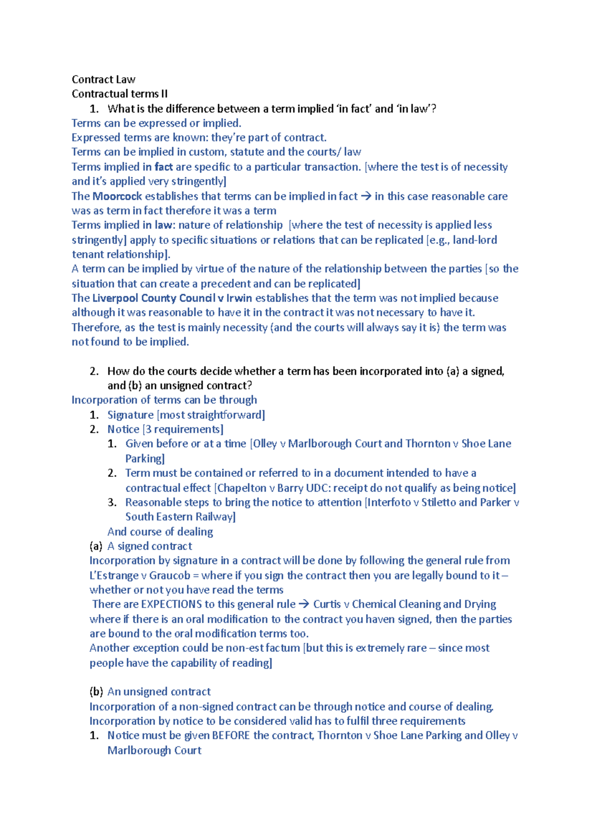 Tutorial 2 - week 2 - Contract Law Contractual terms II 1. What is the difference between a term ...