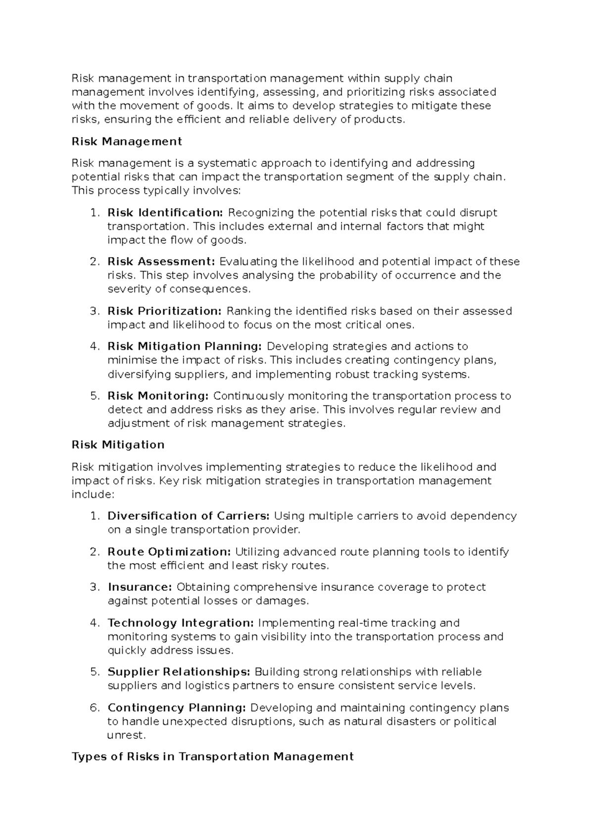 Risk management in transportation management within supply chain ...
