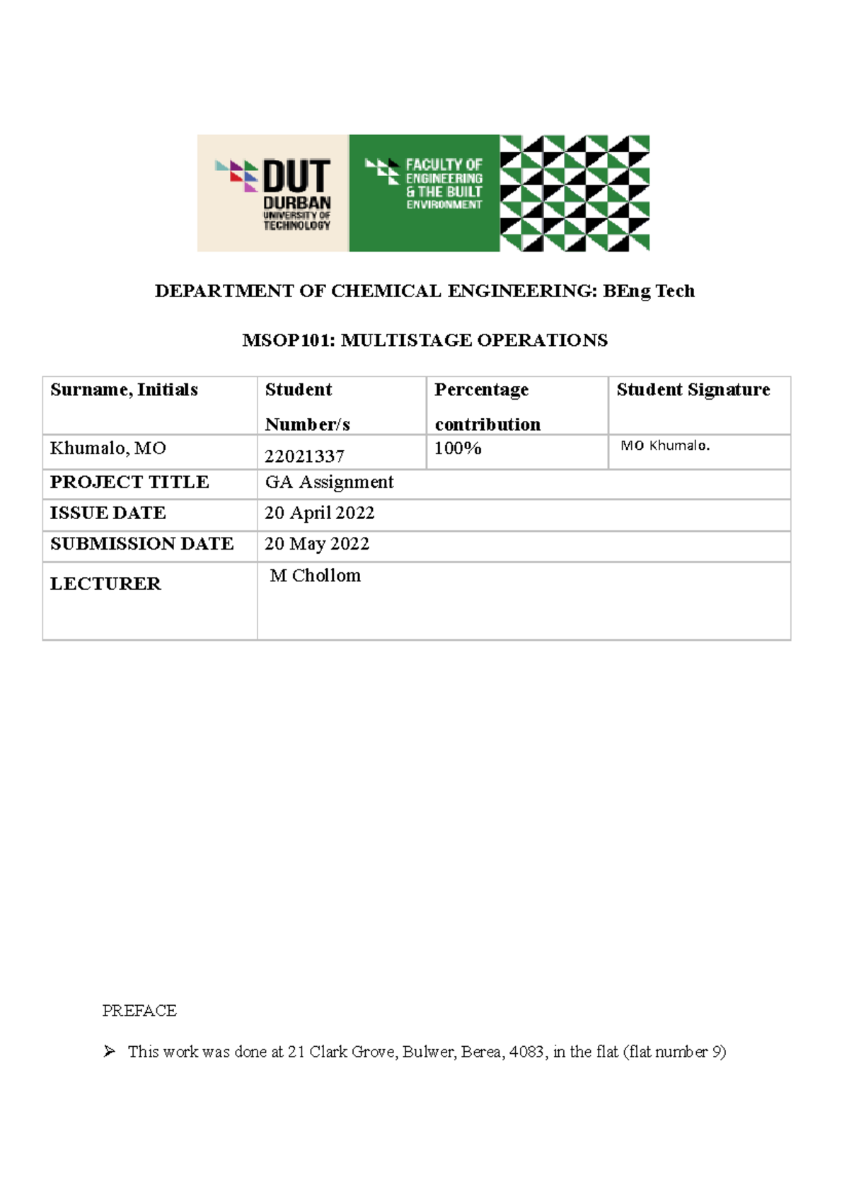MO Khumalo 22021337 GA Assignment - DEPARTMENT OF CHEMICAL ENGINEERING ...