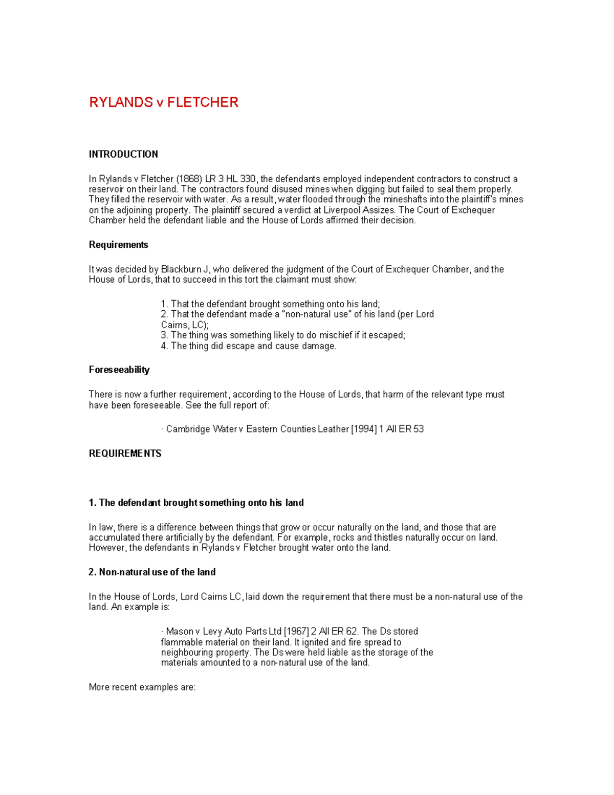 Rylands v Fletcher - case - RYLANDS v FLETCHER INTRODUCTION In Rylands ...