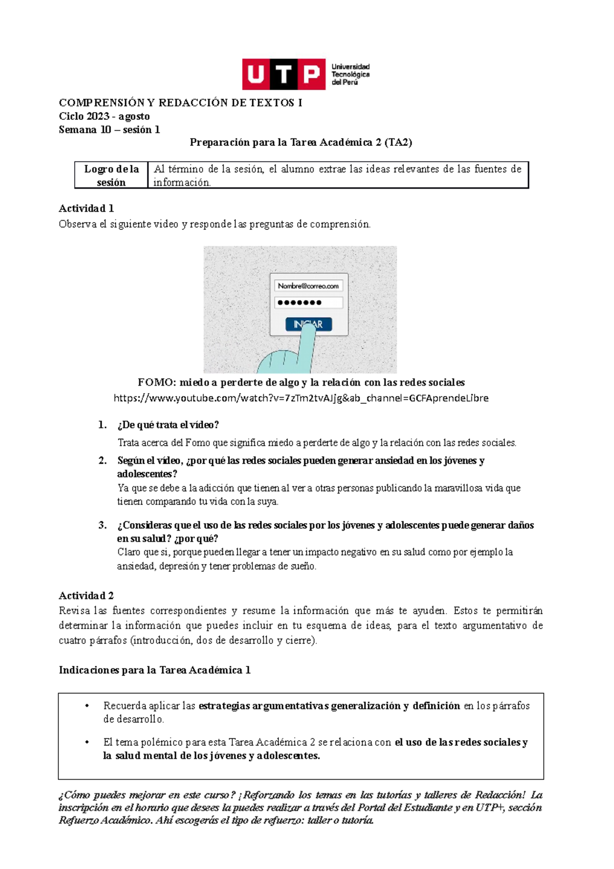 S10.s1-Preparación para la TA2 2023 agosto - COMPRENSIÓN Y REDACCIÓN DE TEXTOS I Ciclo 2023 ...